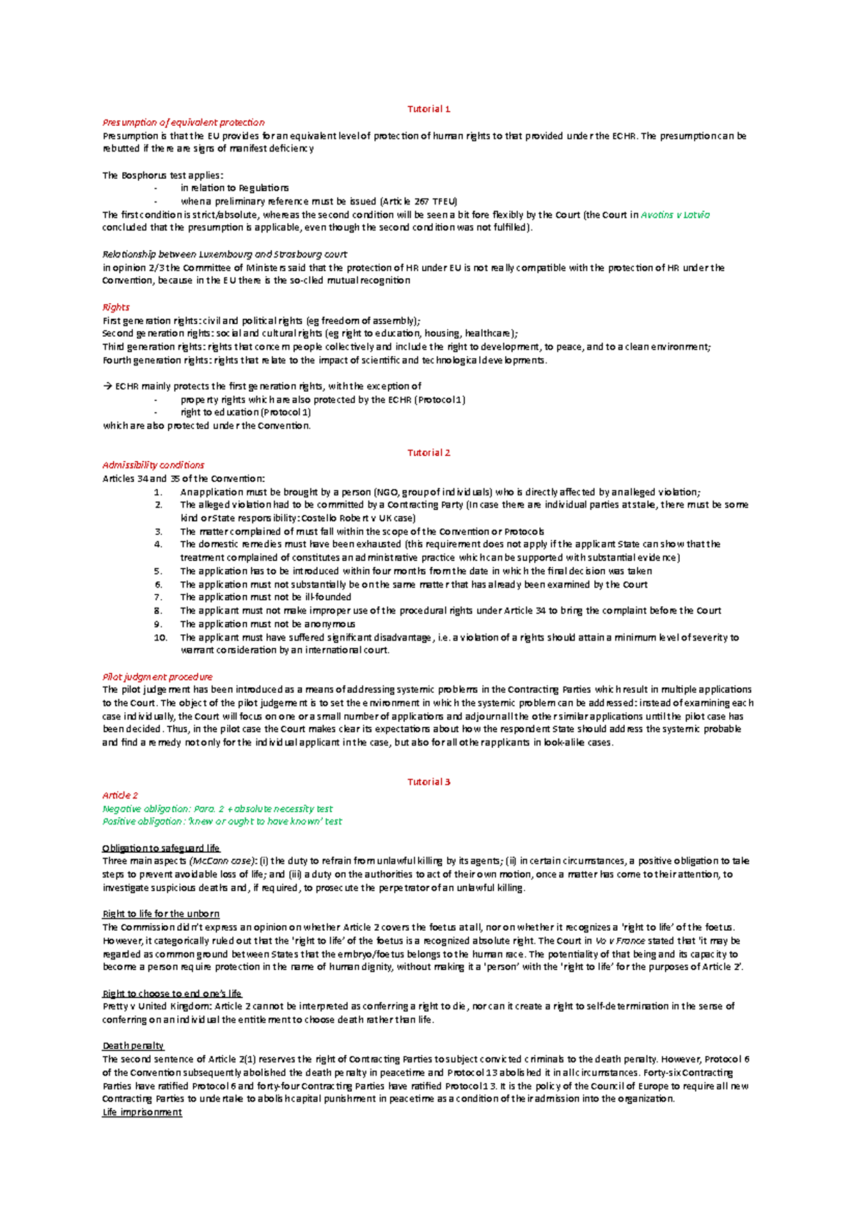 Summaries lectures and tutorials - Tutorial 1 Presumption of equivalent protection Presumption ...