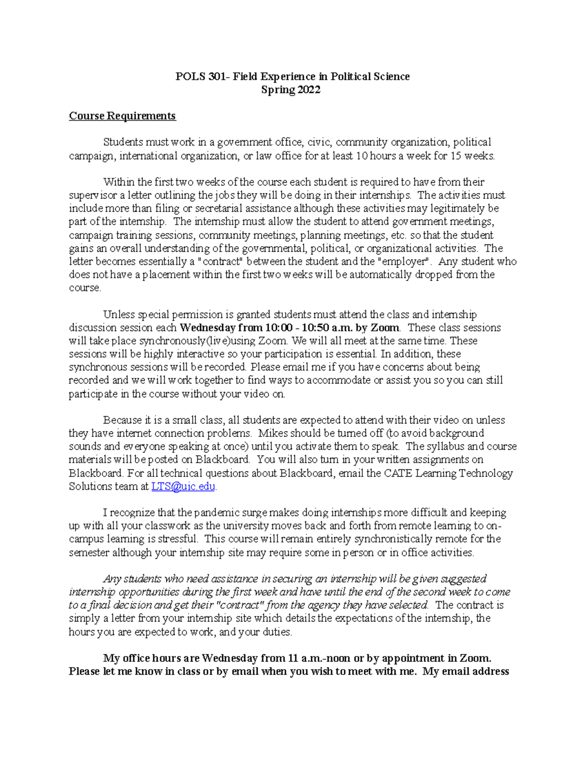 Syllabus POLS 301 Spring 2022 - POLS 301- Field Experience in Political Science Spring 2022 ...