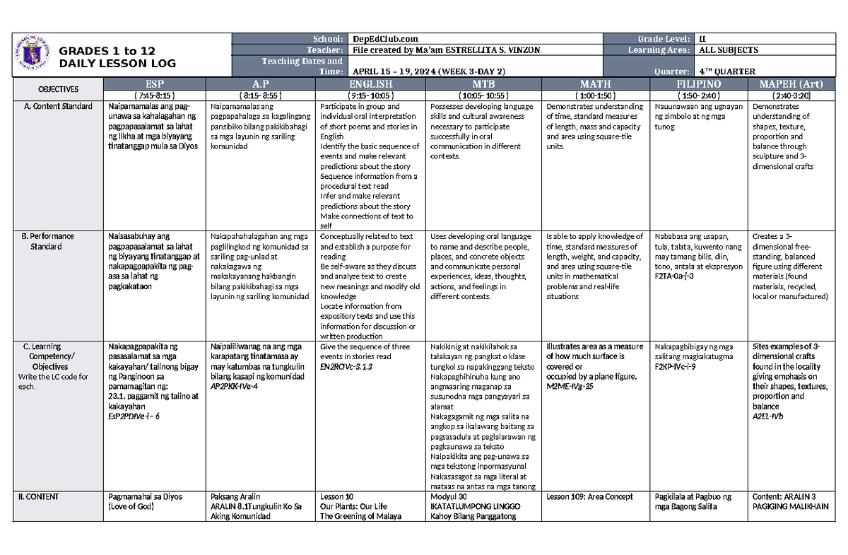 DLL ALL Subjects 2 Q4 W3 D2 - GRADES 1 to 12 DAILY LESSON LOG School: DepEdClub Grade Level: II ...
