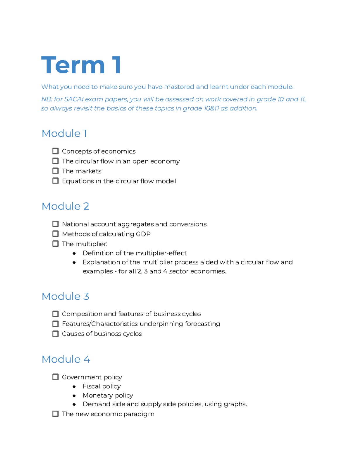 Term 1 Module Summary Topics - Term 1 What you need to make sure you ...