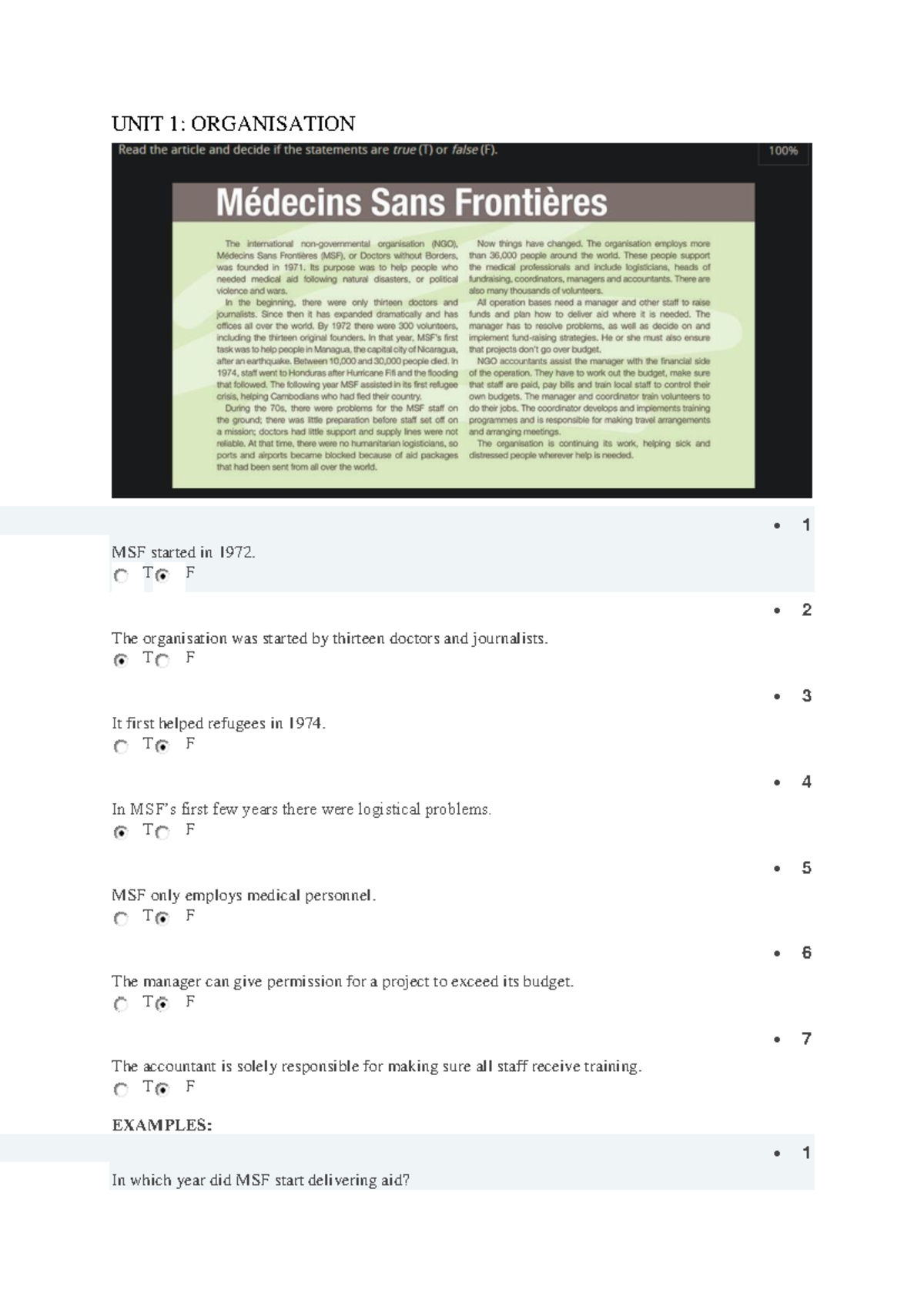 Reading 1-6 - UNIT 1: ORGANISATION 1 MSF started in 1972. T F 2 The ...