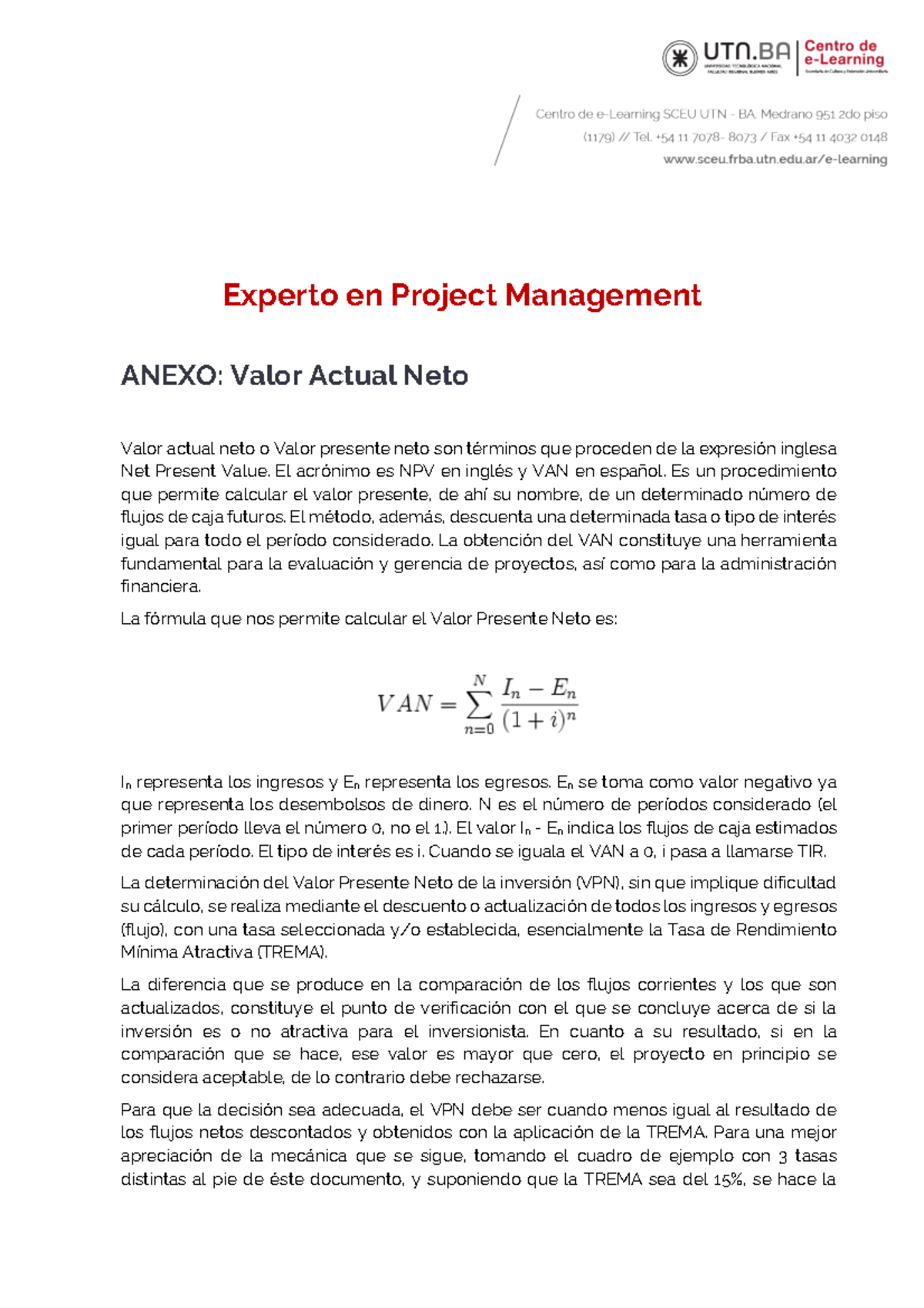 PM 2022 Anexo Valor Actual Neto - Experto en Project Management ANEXO: Valor Actual Neto Valor ...