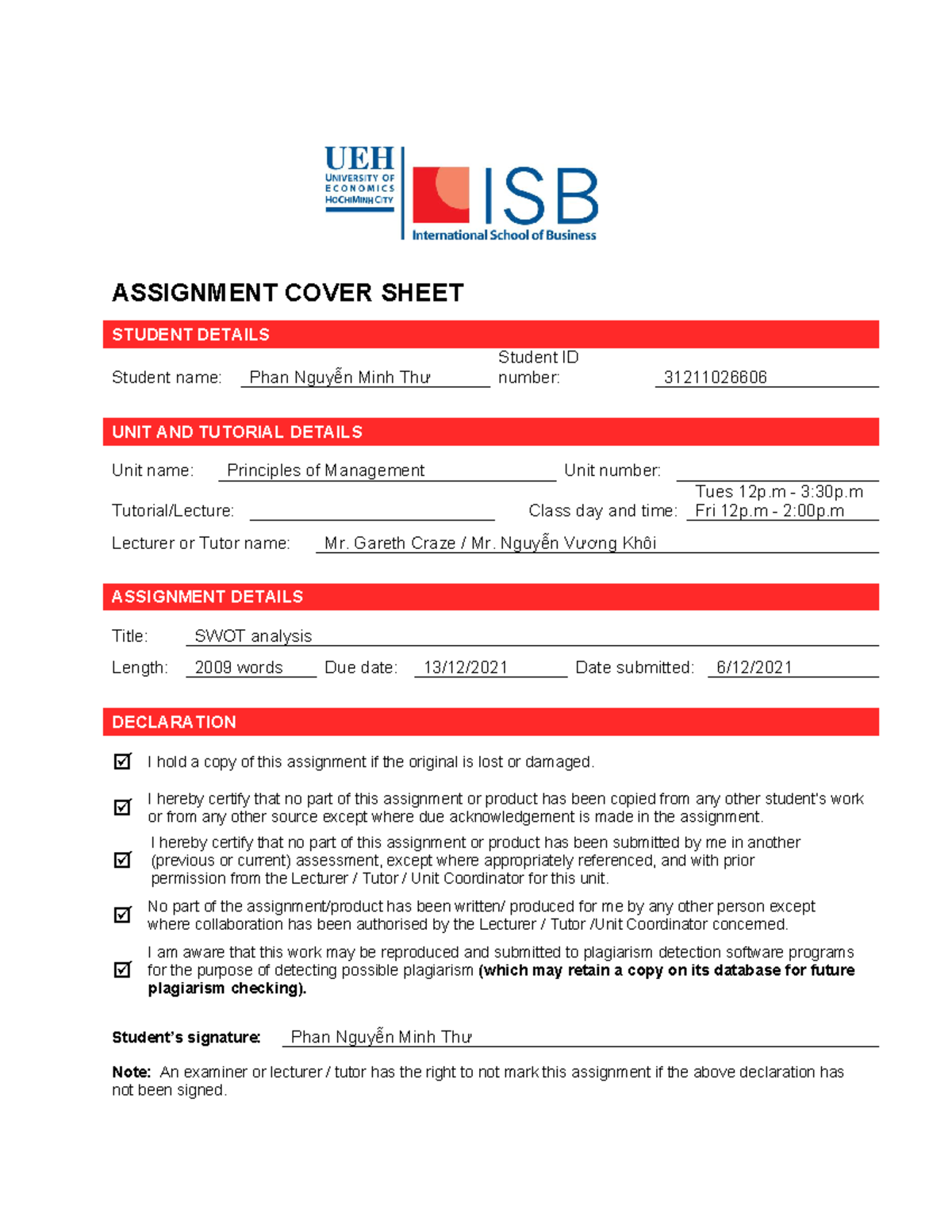Phan Nguyen Minh Thu Principles of Management SWOT Analysis ...