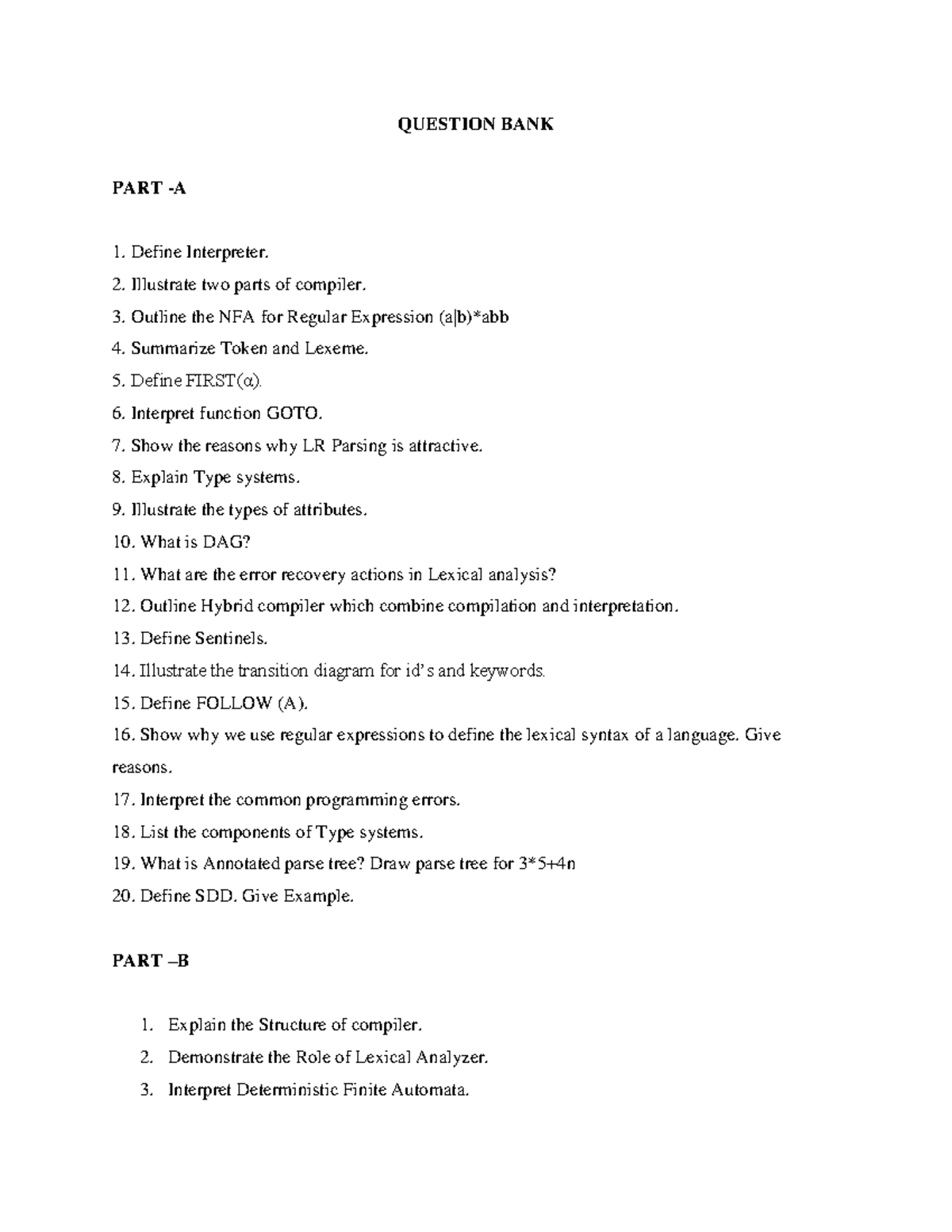 Question bank IA-1 - QUESTION BANK PART -A Define Interpreter ...
