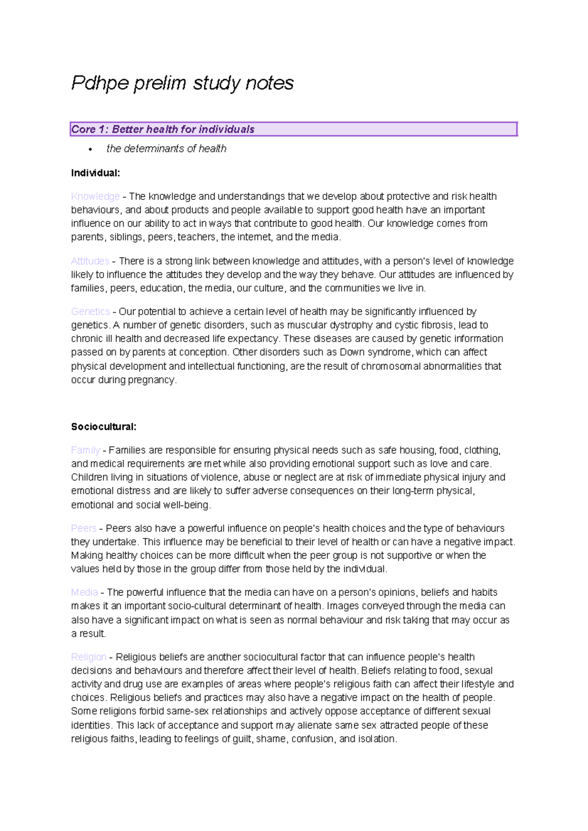 Pdhpe prelim final study notes - Pdhpe prelim study notes Core 1 ...