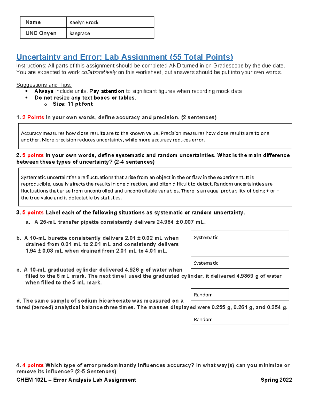 Error Analysis Workshop - Name Kaelyn Brock UNC Onyen kaegrace Uncertainty and Error: Lab ...