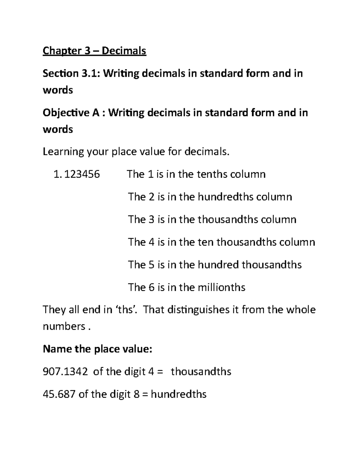 Notes for decimal unit 2 -chapter 3 - Chapter 3 – Decimals Section 3 ...