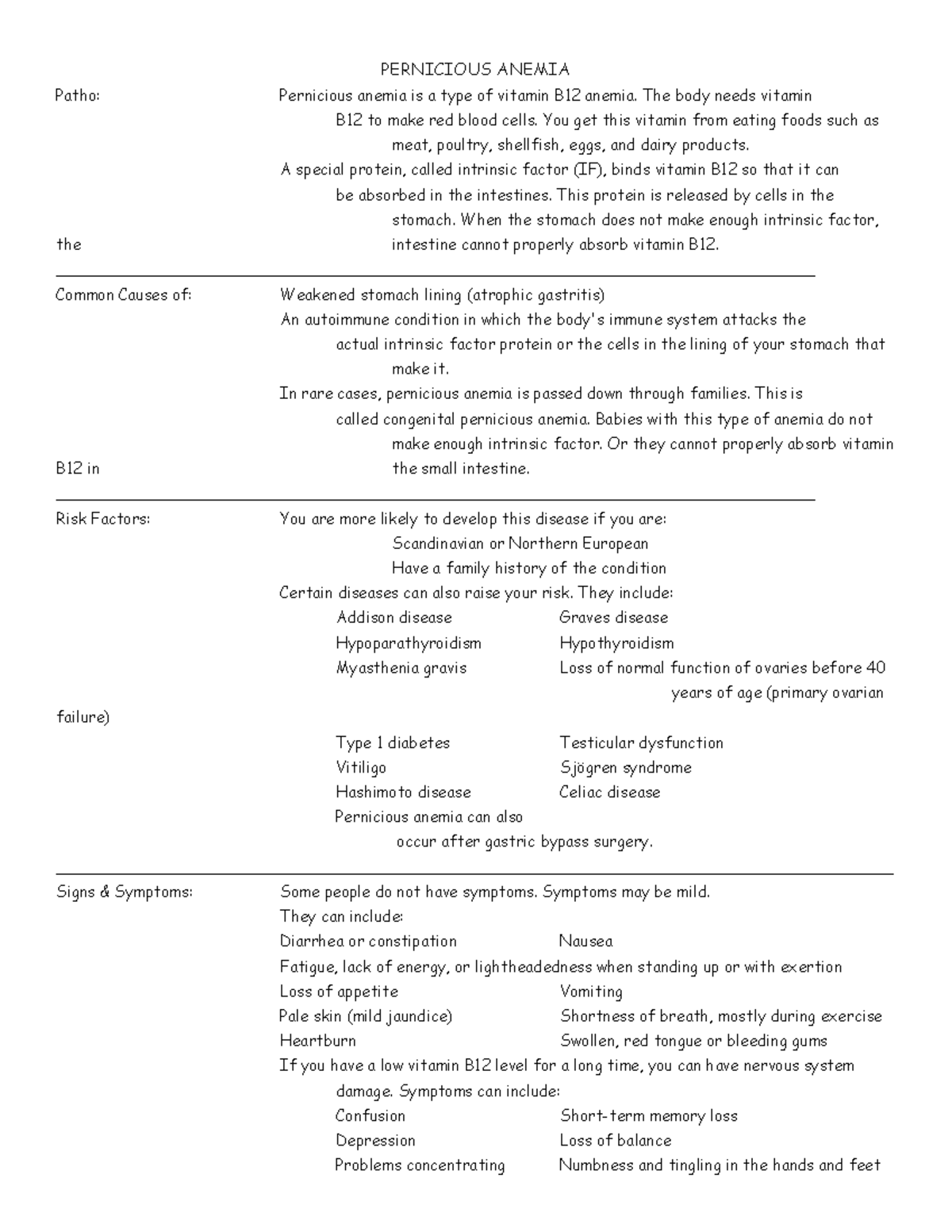Pernicious Anemia - concept map - PERNICIOUS ANEMIA Patho: Pernicious ...