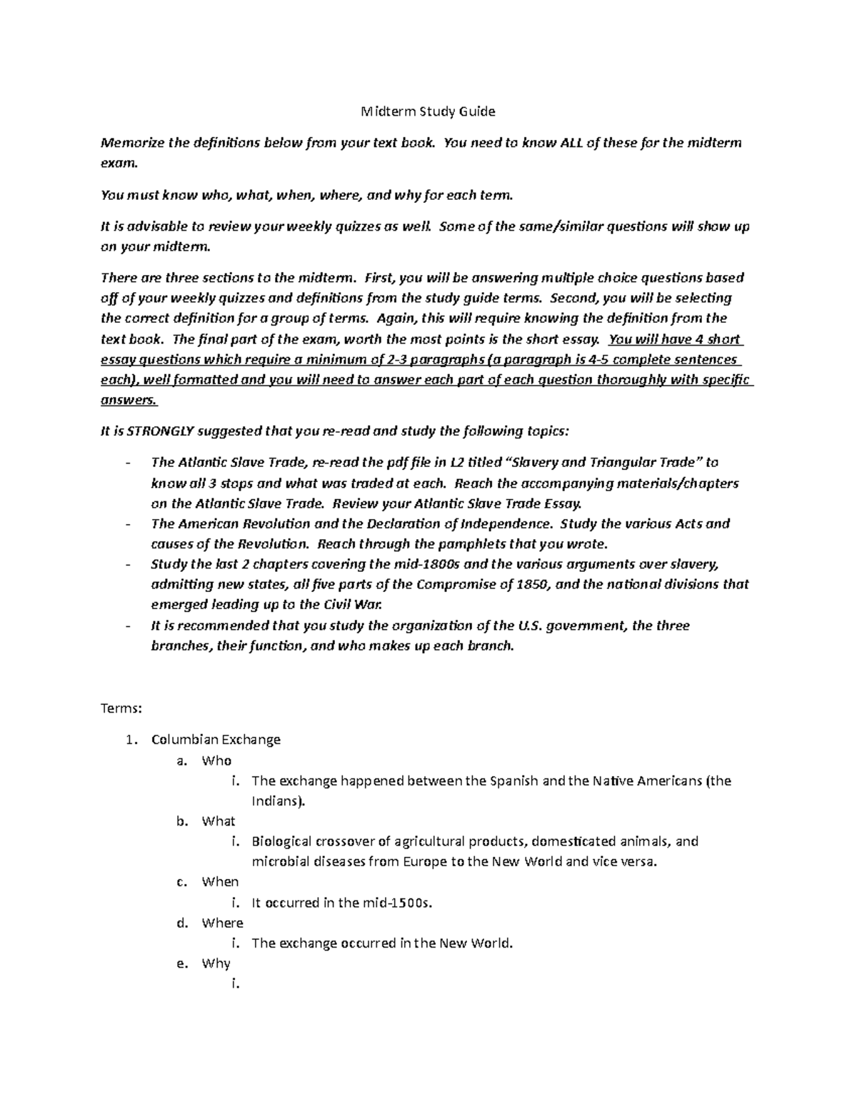 Midterm Study Guide - Midterm Study Guide Memorize the definitions ...