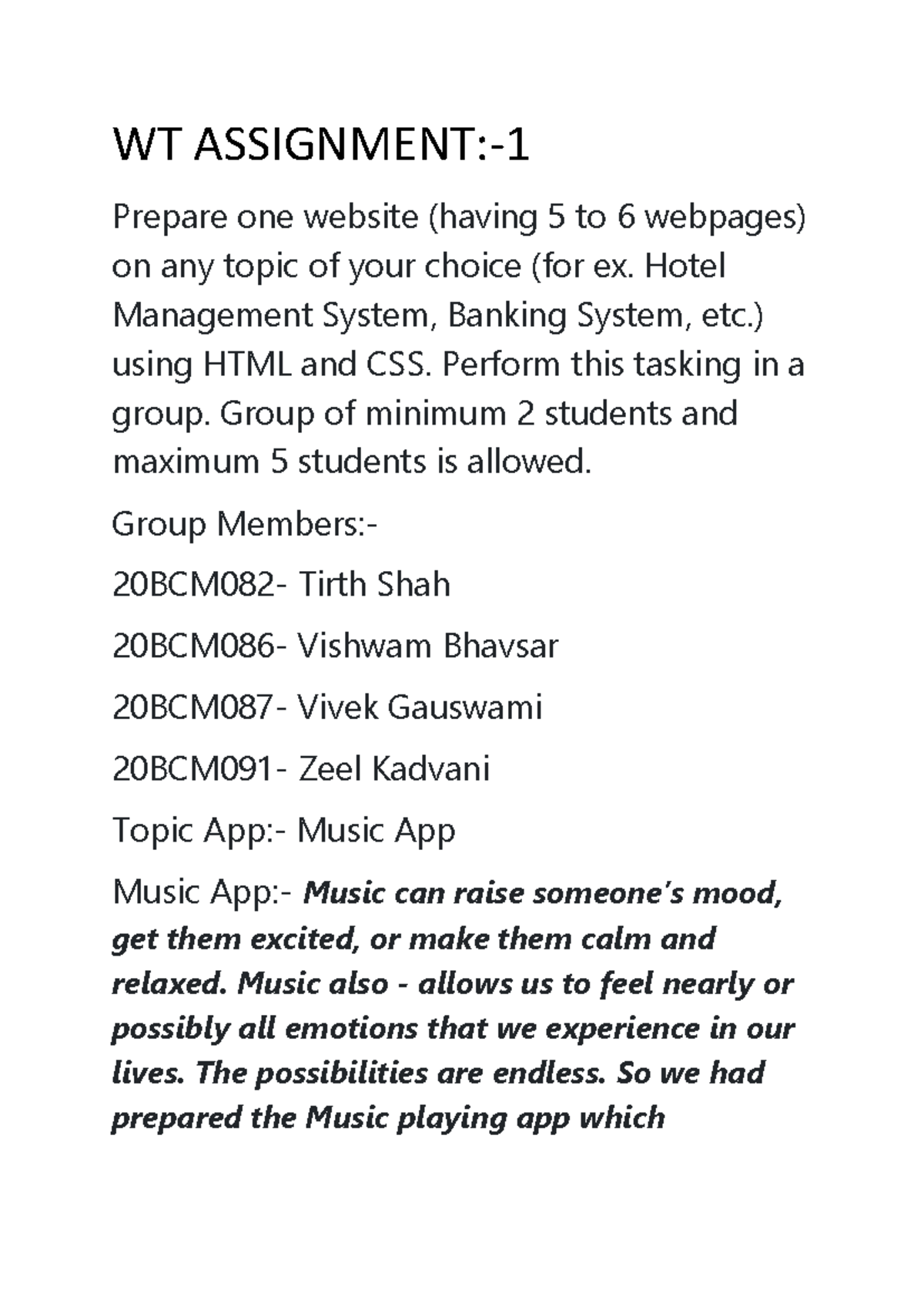 20BCM087 csi0705 WT Assignment 1 - WT ASSIGNMENT:- 1 Prepare one website (having 5 to 6 webpages ...