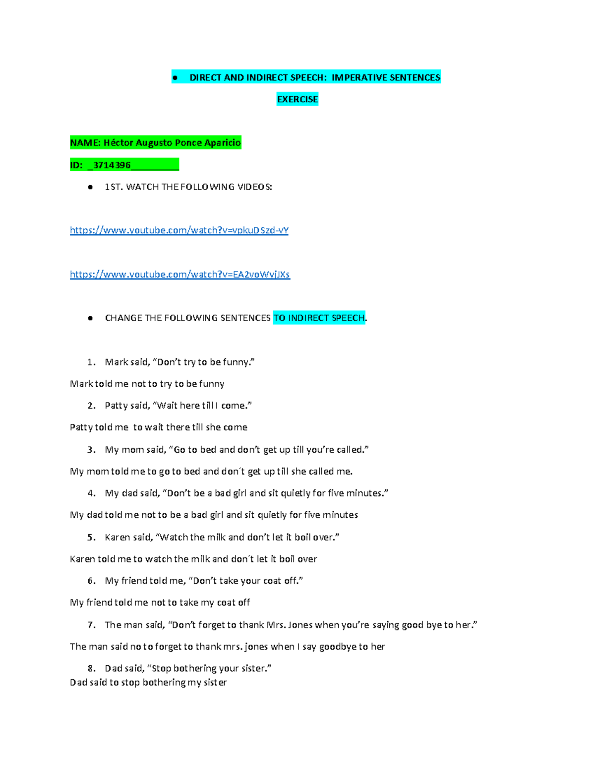 Direct AND Indirect Speech imperatives-exercise - DIRECT AND INDIRECT ...