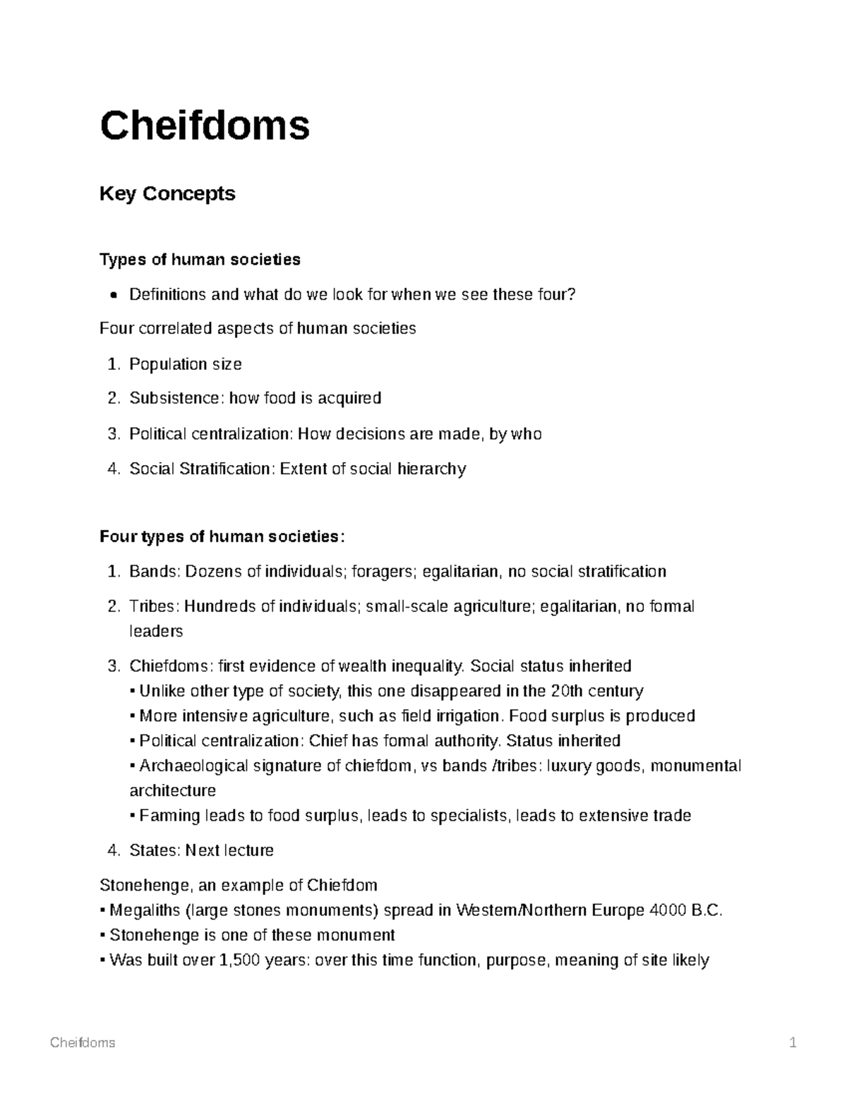 Cheifdoms - Professor Perreault - Cheifdoms 1 Cheifdoms Key Concepts ...
