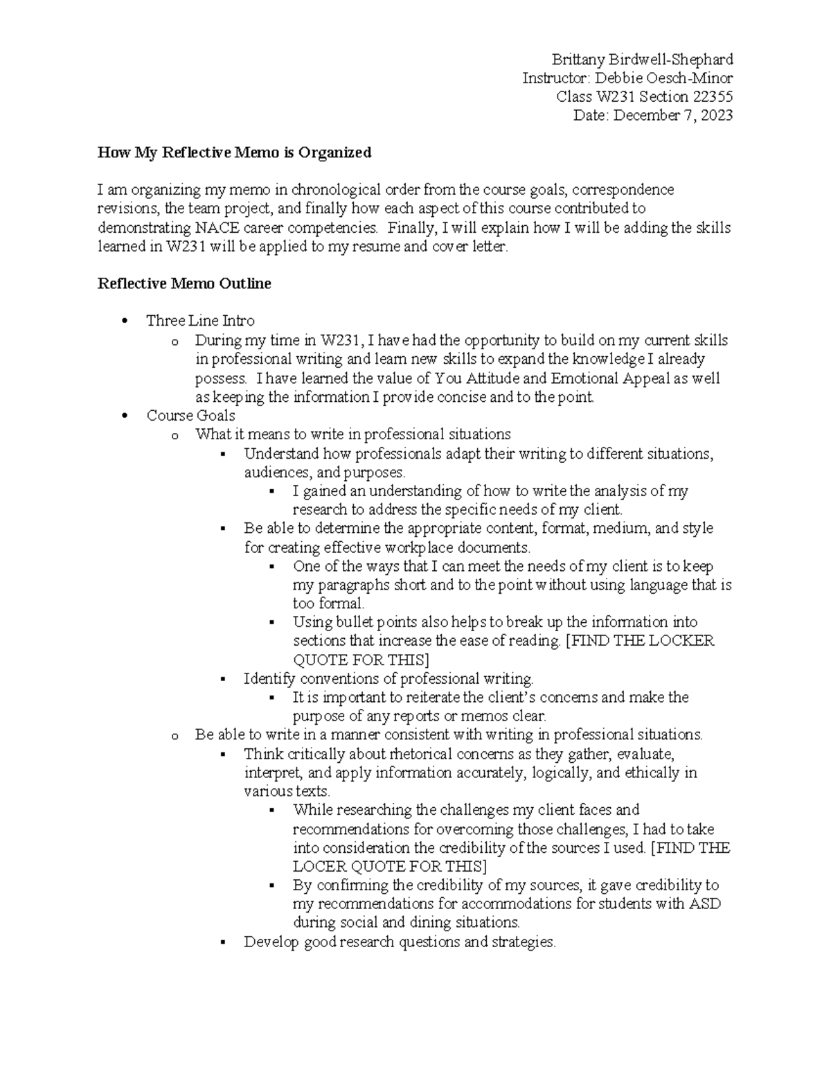 Birdwell-Shephard Reflective Memo Outline Draft - Brittany Birdwell-Shephard Instructor: Debbie ...