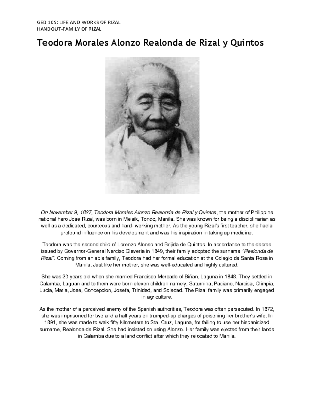 Rizals Family - ####### HANDOUT-FAMILY OF RIZAL Teodora Morales Alonzo ...