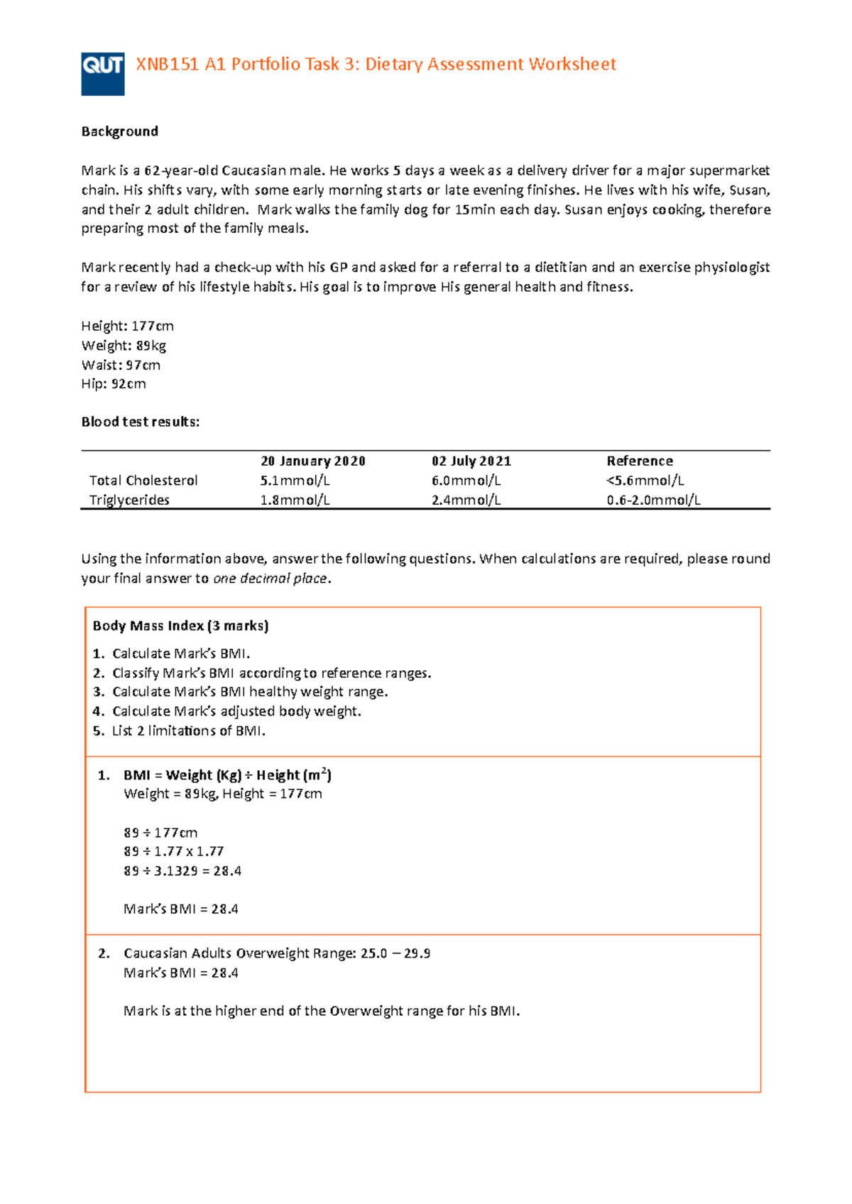 Task3 7 - Task 3 in Portfolio 1. Received 20/20. Dietary assessment ...