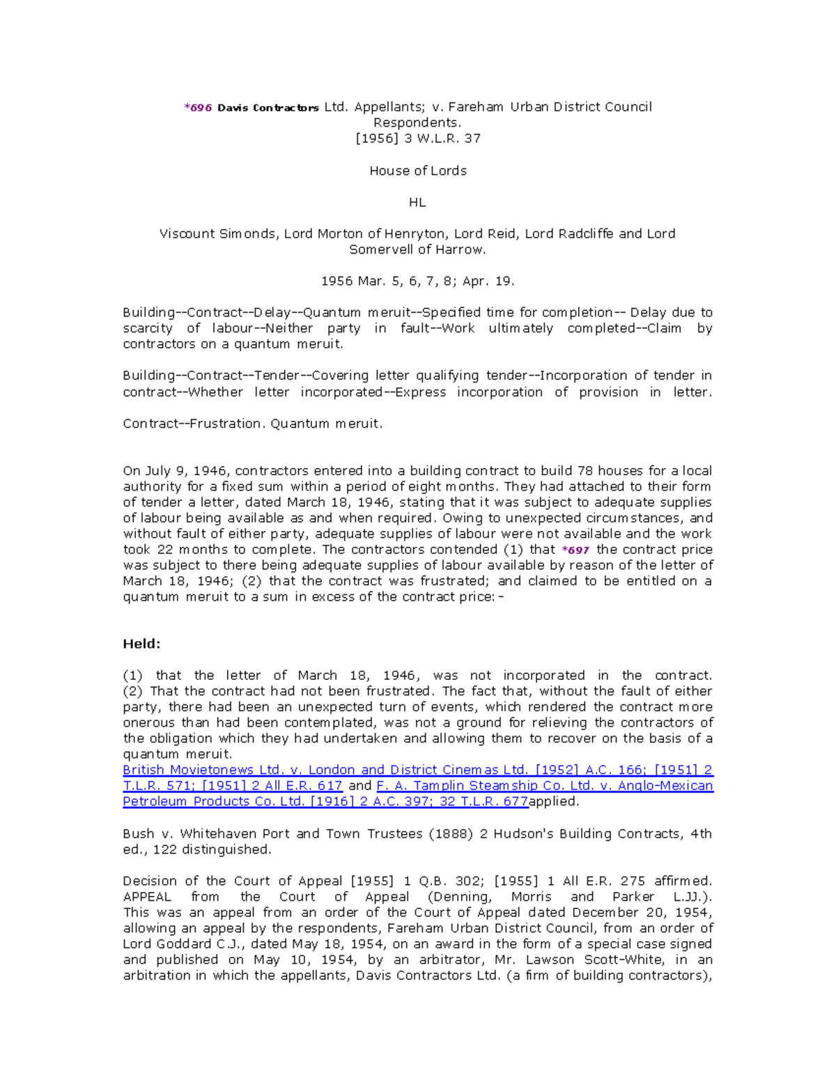 Davis Contractors Ltd v Fareham UDC - Contract Law II - MMU - Studocu