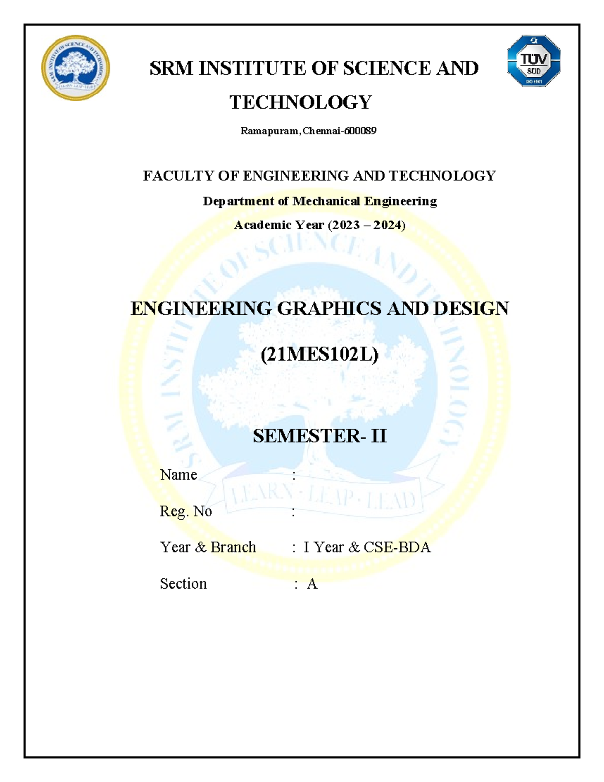 Bonafide Srm Institute Of Science And Technology Ramapuram Chennai Faculty Of Engineering And