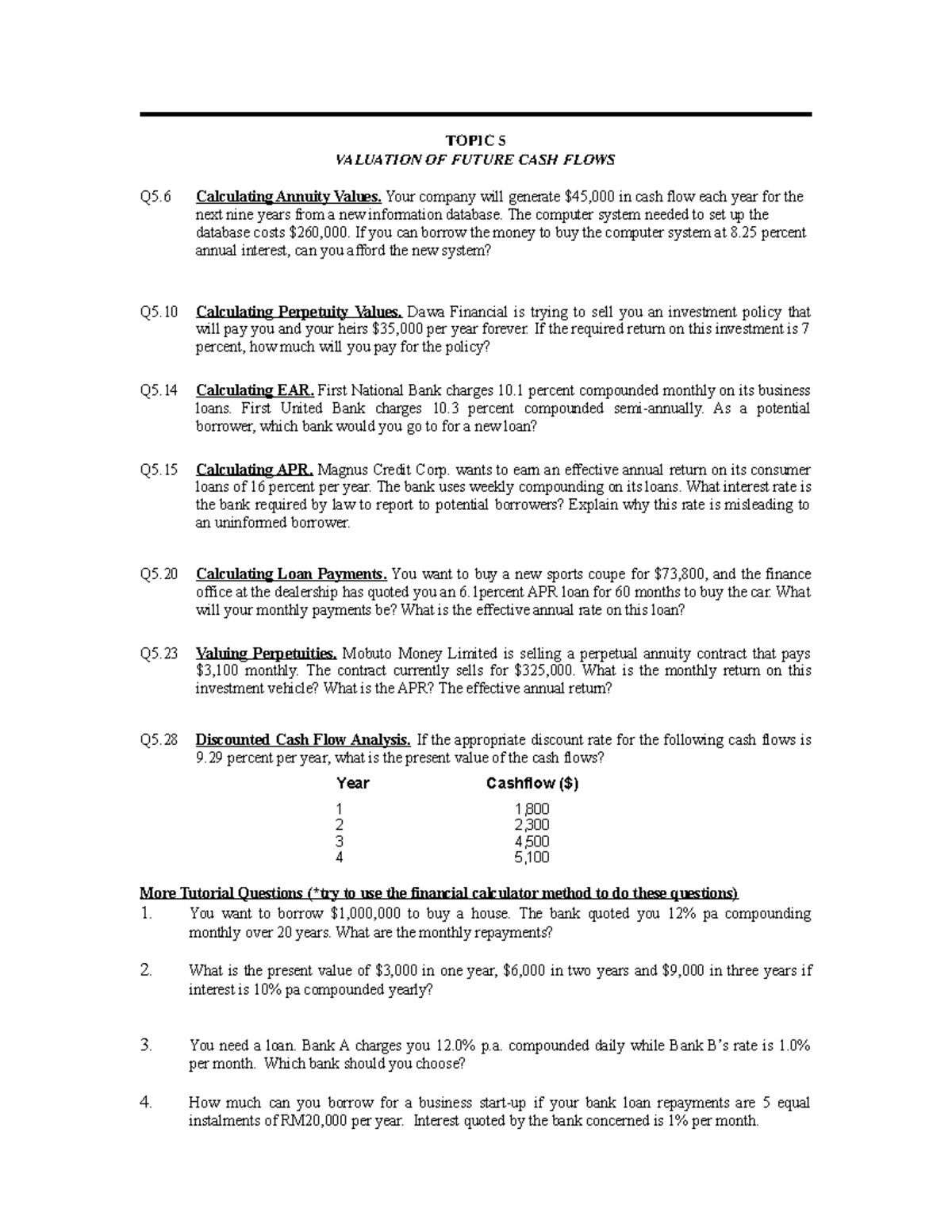 Topic 5 - Multiple cash flows - TOPIC 5 VALUATION OF FUTURE CASH FLOWS ...