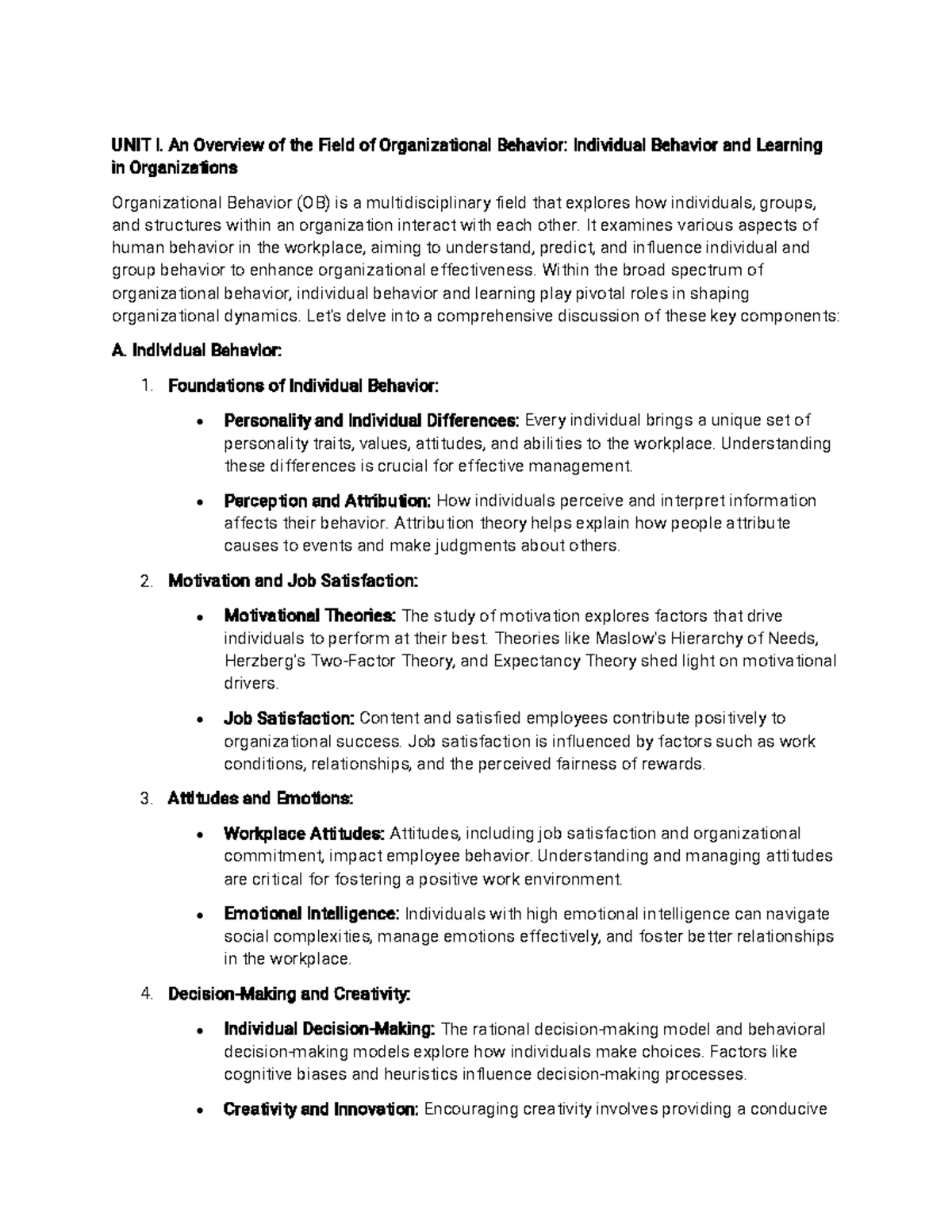 UNIT-I-HBO - Human Behavior Organization - UNITI ...