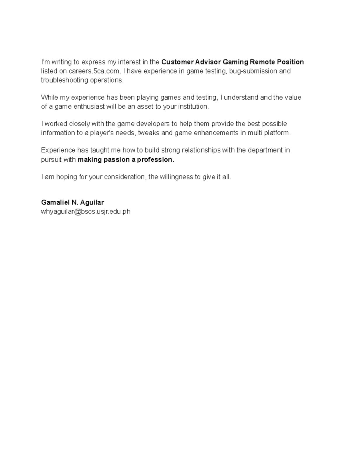 Cover Letter 2018 Game Advisor - I'm writing to express my interest in ...