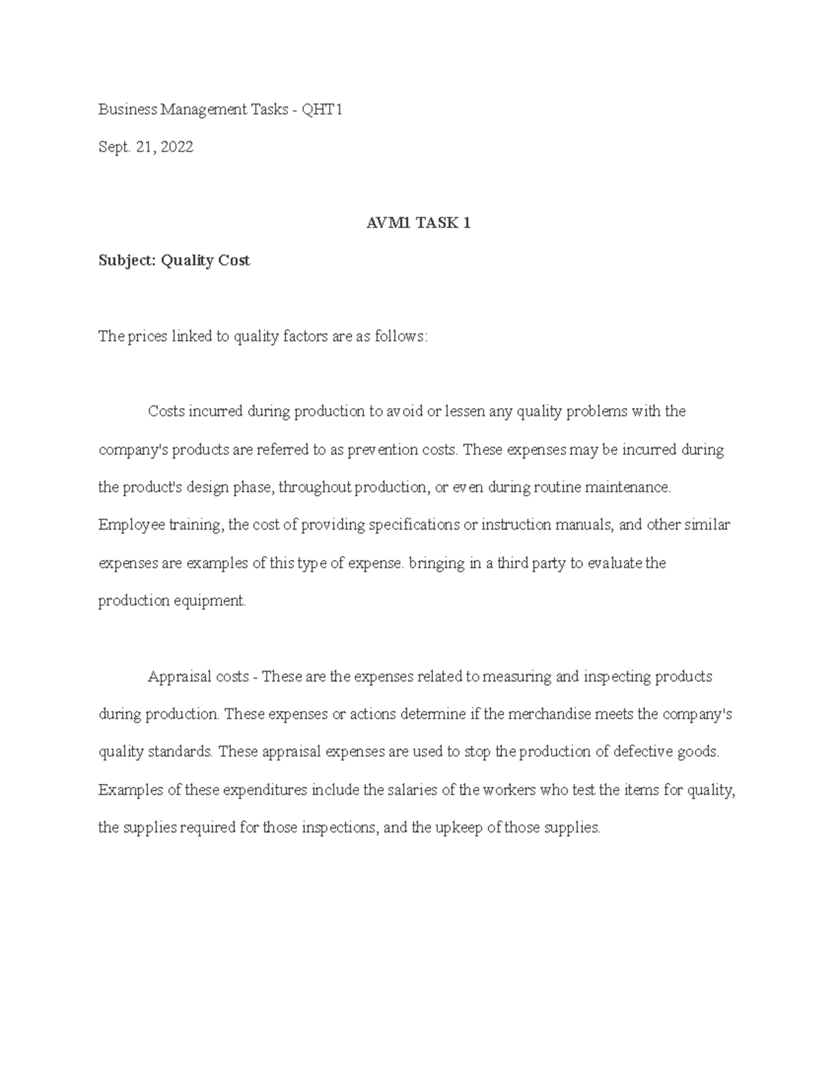 AVM1 - TASK 1 - N/A - Business Management Tasks - QHT Sept. 21, 2022 ...