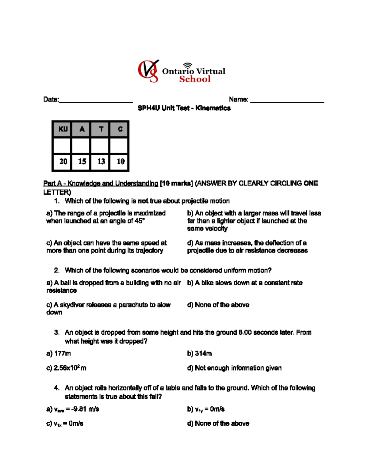 1685642962-Unit 0 - Kinematics TEST - Studocu