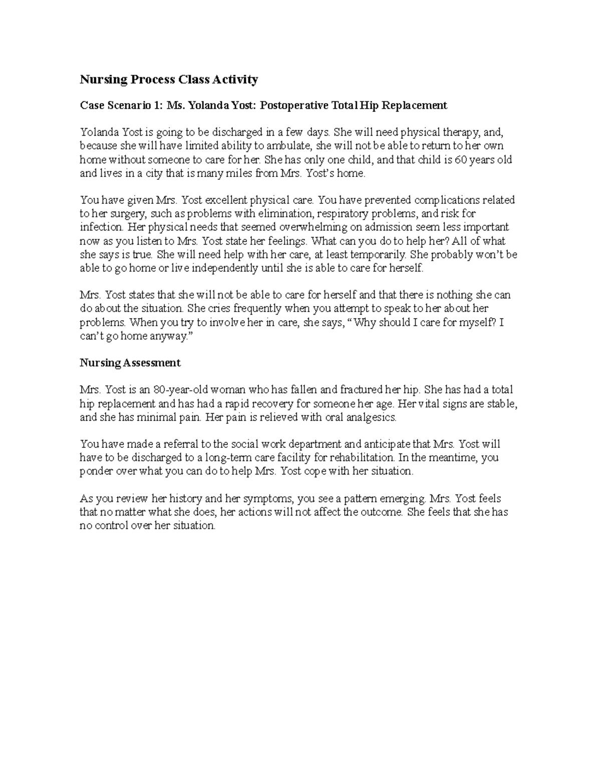 Nursing Process Class Activity - BIO 101 - NOVA - Studocu