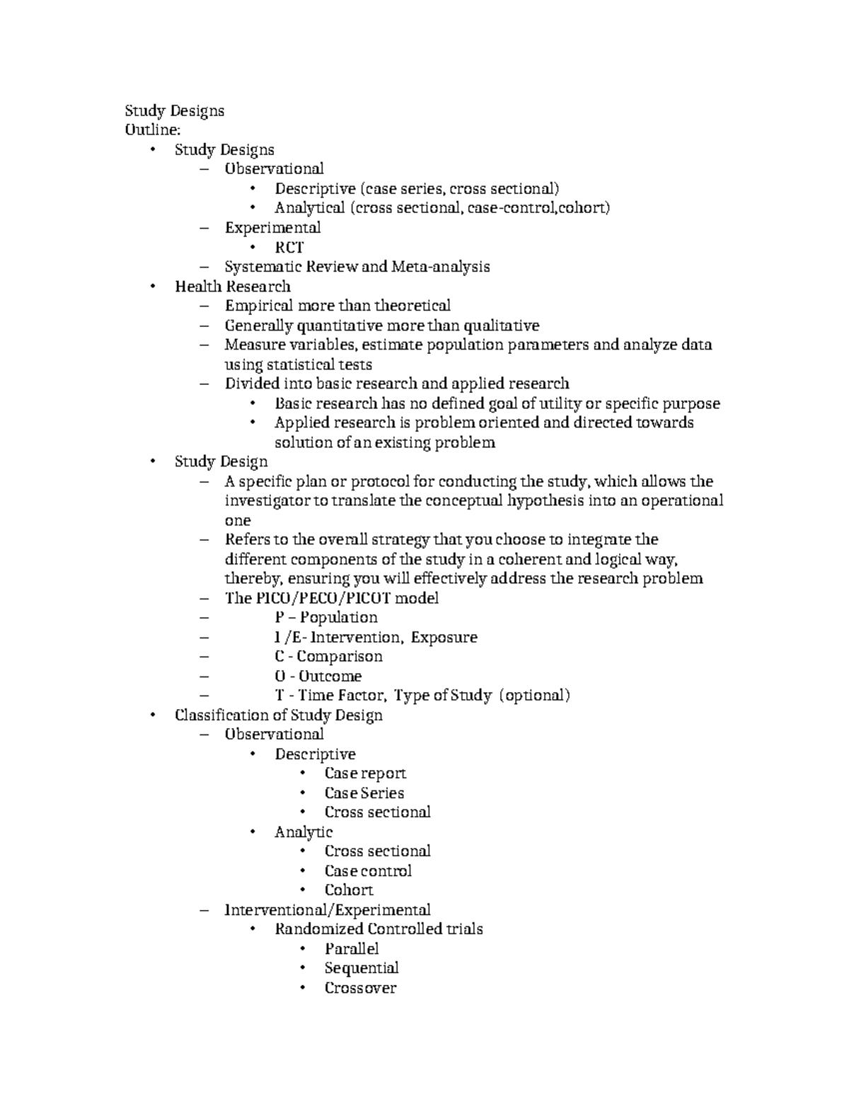 Biostat notes and research notes - Study Designs Outline: - Study ...