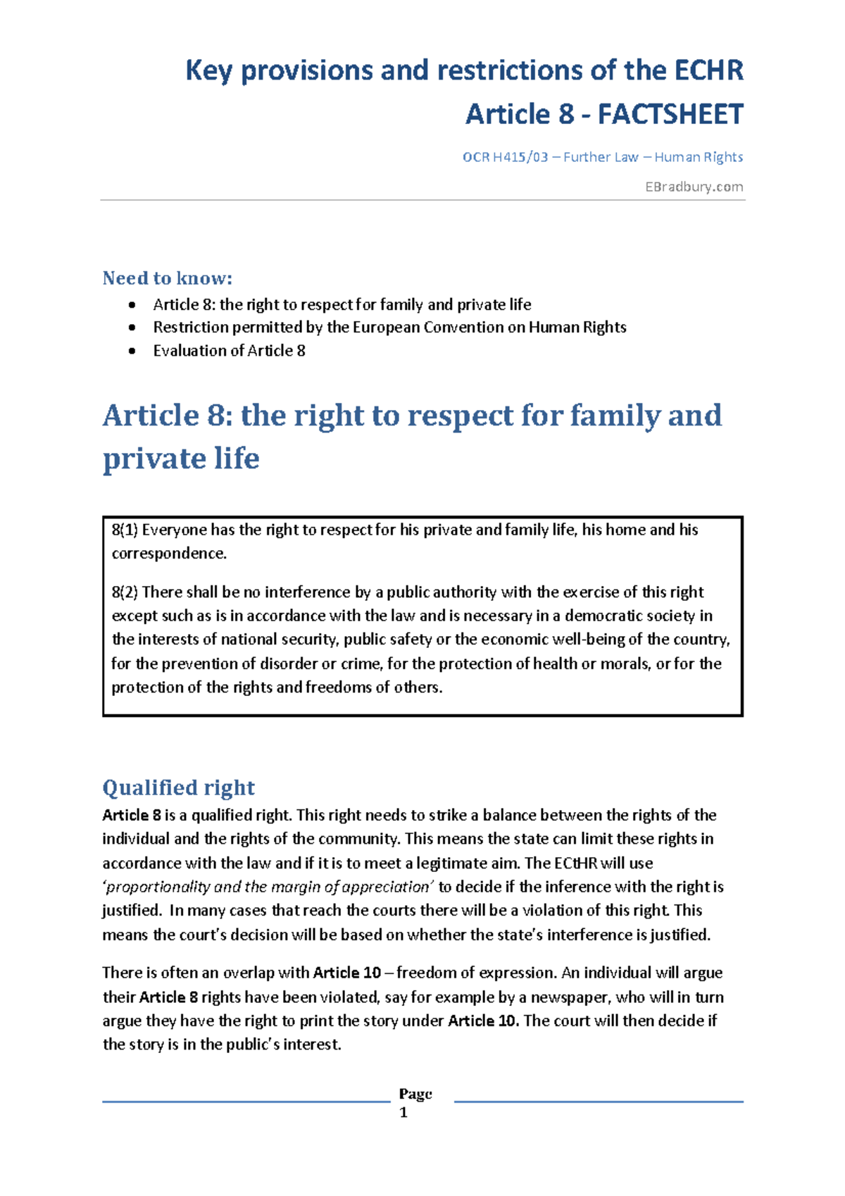 Article 8 - key provisions and restrictions factsheet OCR 7 - Article 8 ...