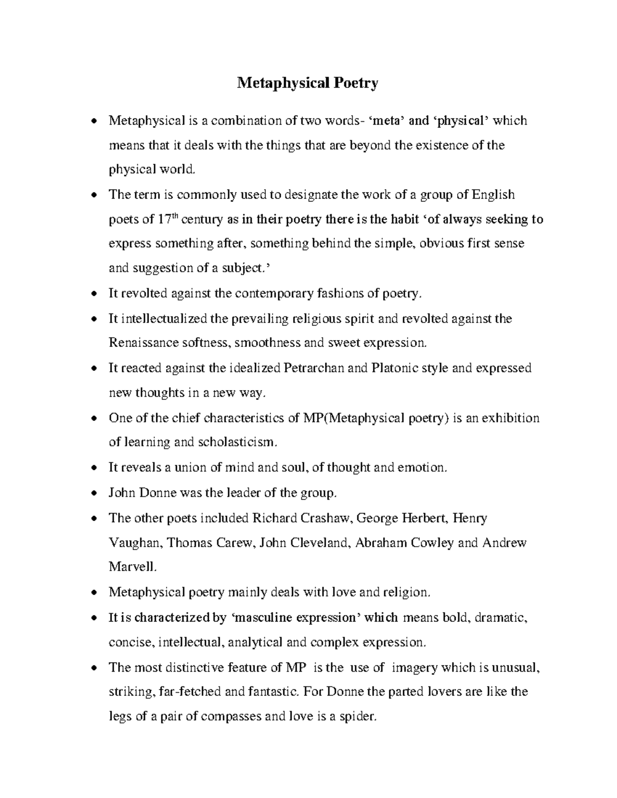 Metaphysical Poetry - Metaphysical Poetry Metaphysical is a combination ...