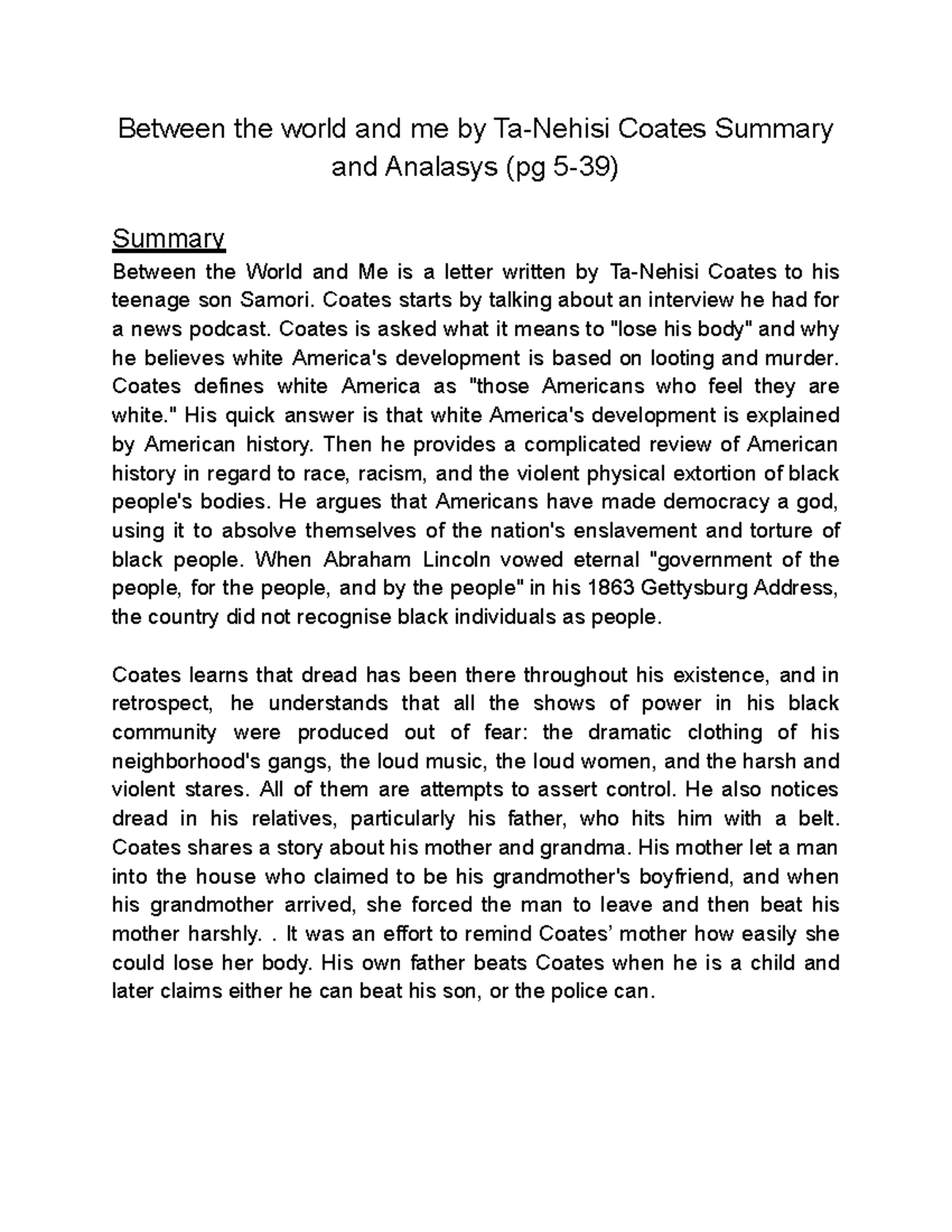 Esj- between the world and me page 5-39 - Between the world and me by ...