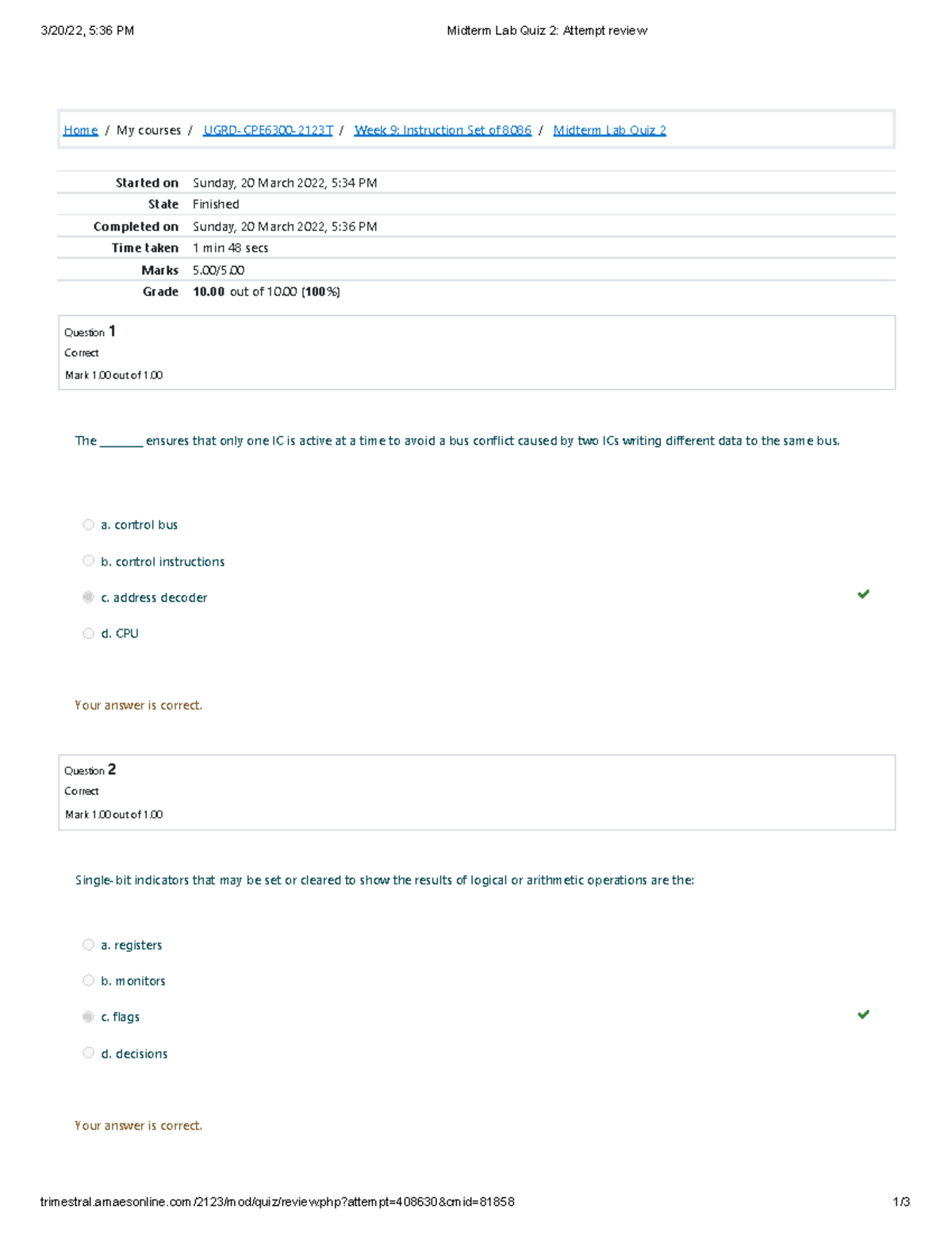 Midterm Lab Quiz 2 Attempt review - 3/20/22, 5:36 PM Midterm Lab Quiz 2: Attempt review - Studocu