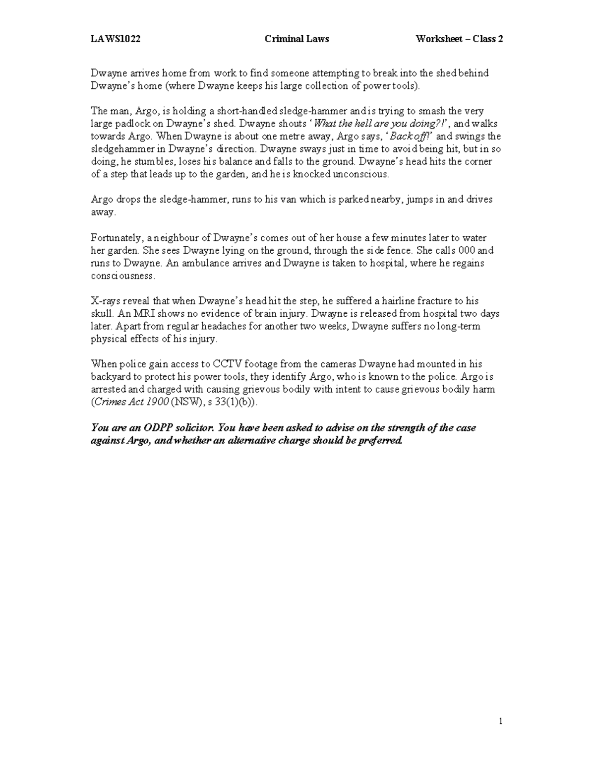 Class 2.1 - Aggravated Assaults - Worksheet - LAWS1022 Criminal Laws ...