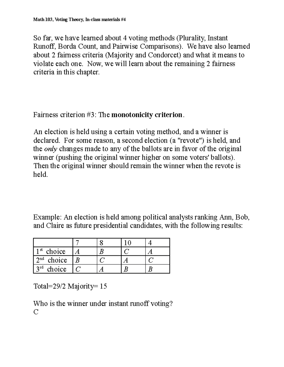 Voting Theory Notes Math 103 Voting Theory In class Materials 4 So