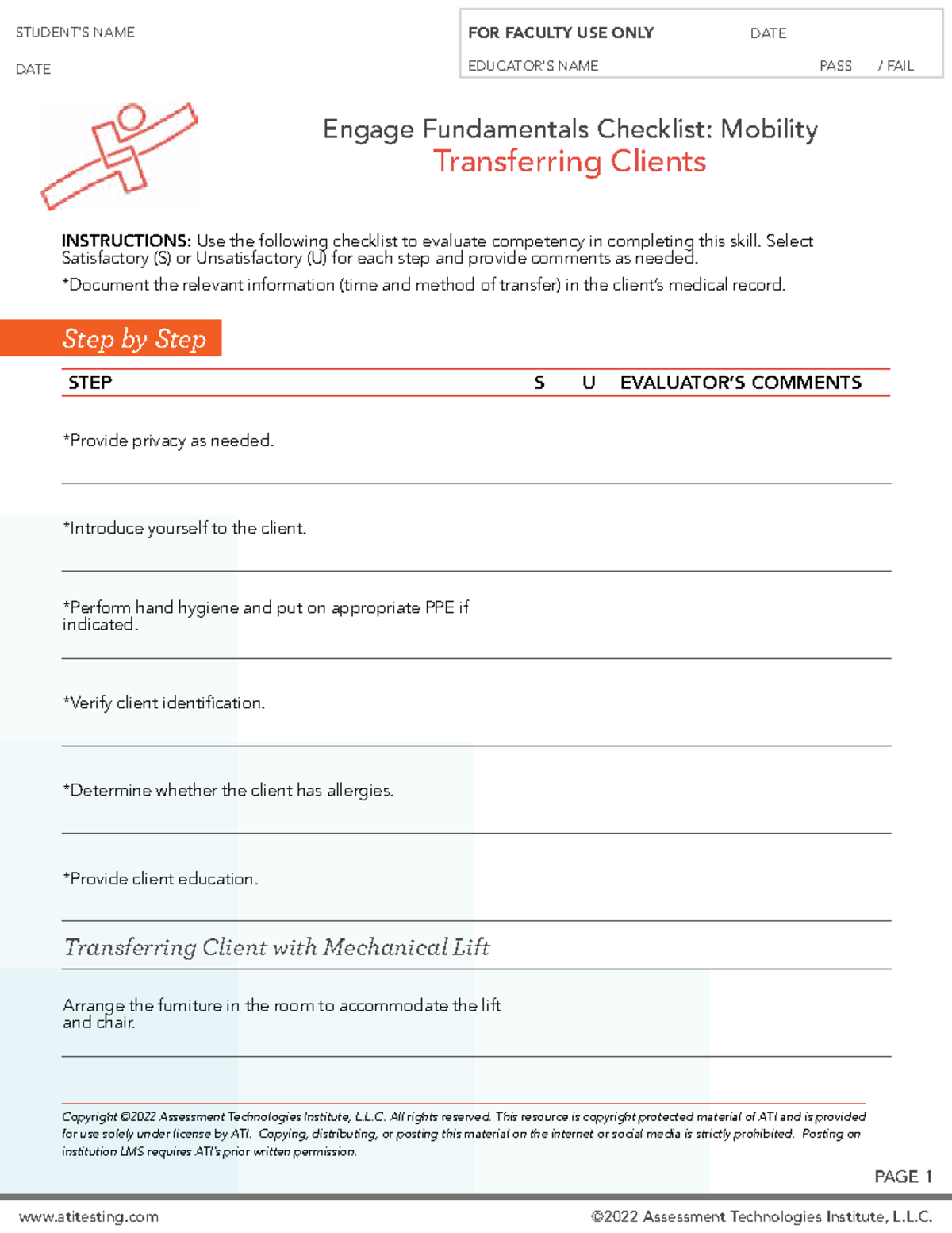 Skills Checklist Mobility Transfer - PAGE 1 Copyright ©2022 Assessment ...