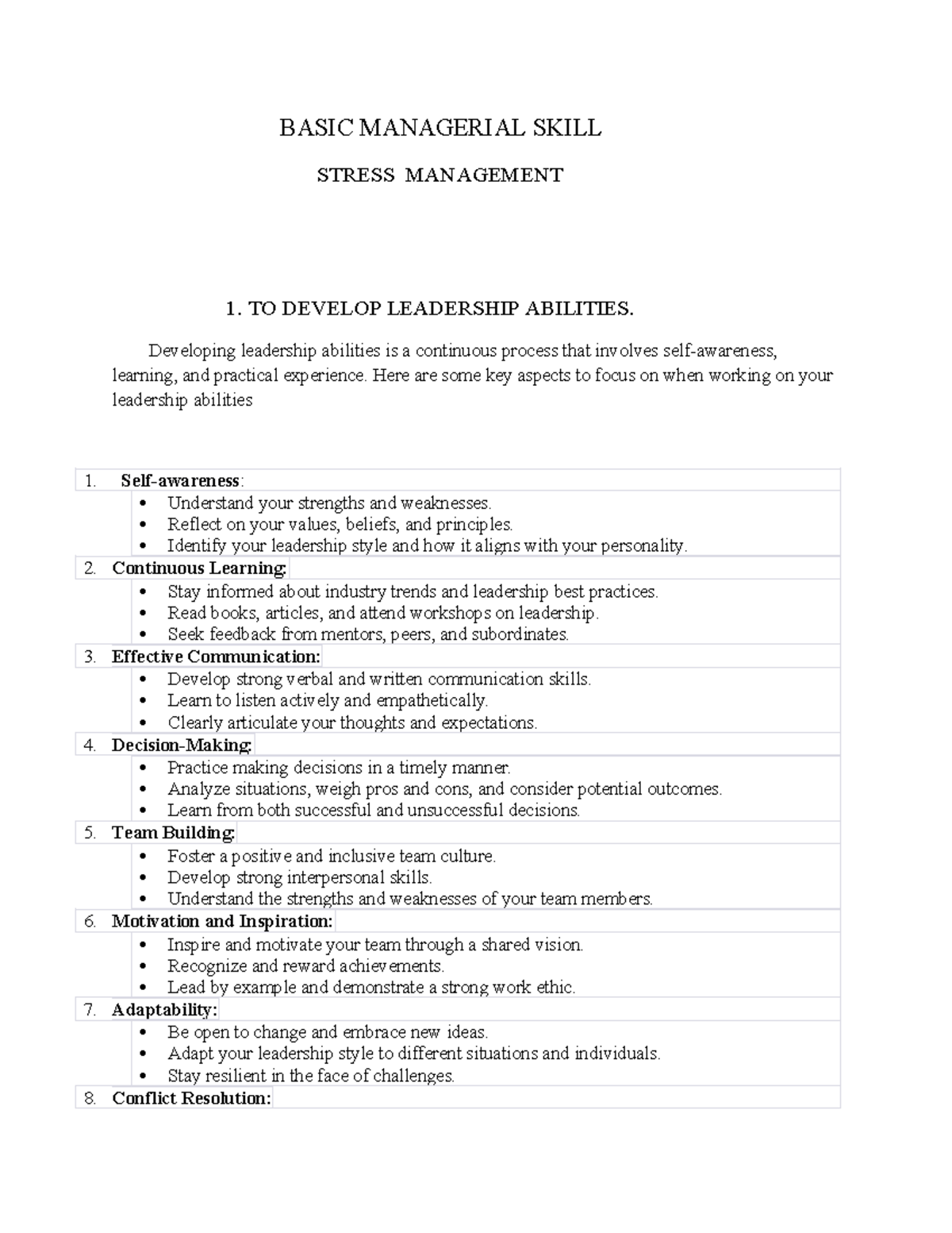 Basic Managerial Skill - BASIC MANAGERIAL SKILL STRESS MANAGEMENT 1. TO DEVELOP LEADERSHIP - Studocu