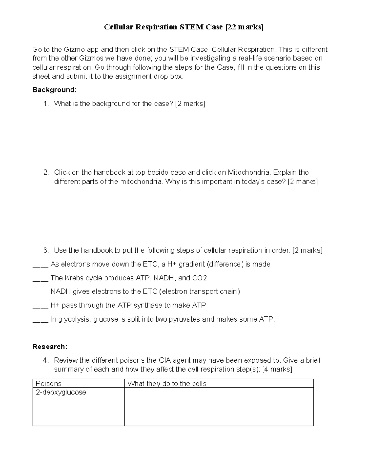 Cellular Respiration- Stem Case Task - Cellular Respiration STEM Case ...