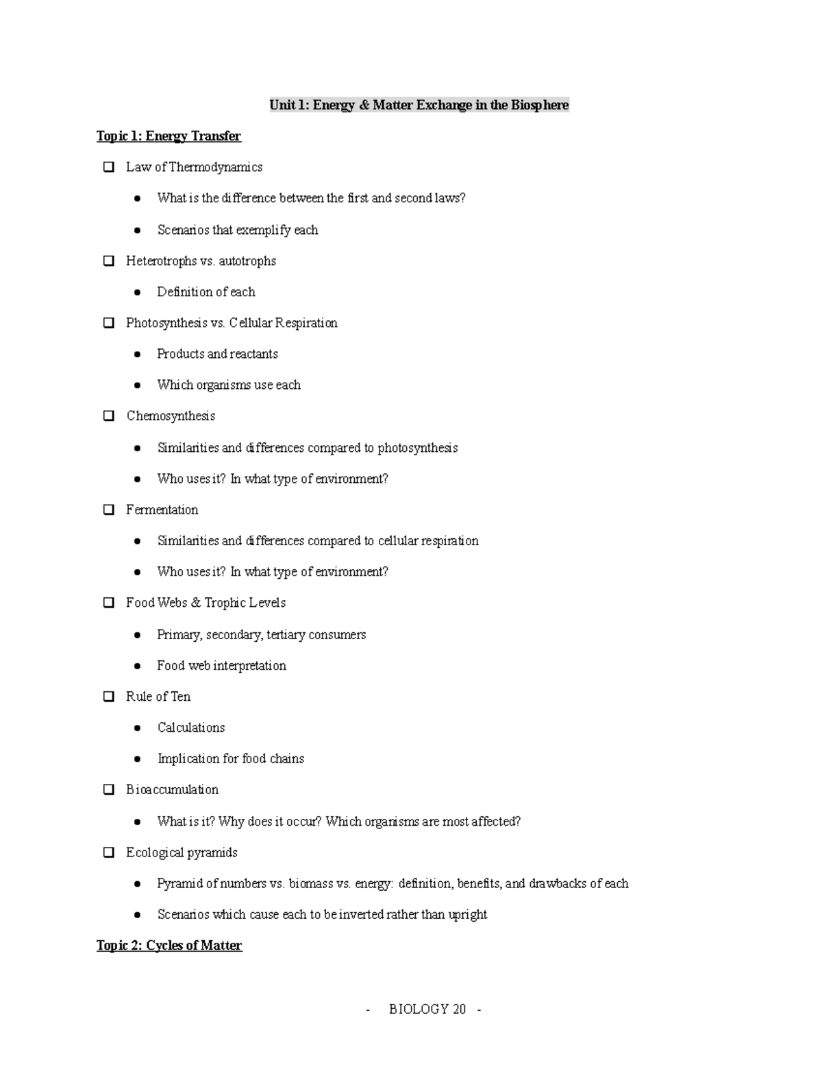 Bio20 Unit A C Study Guide - Unit 1: Energy & Matter Exchange in the ...