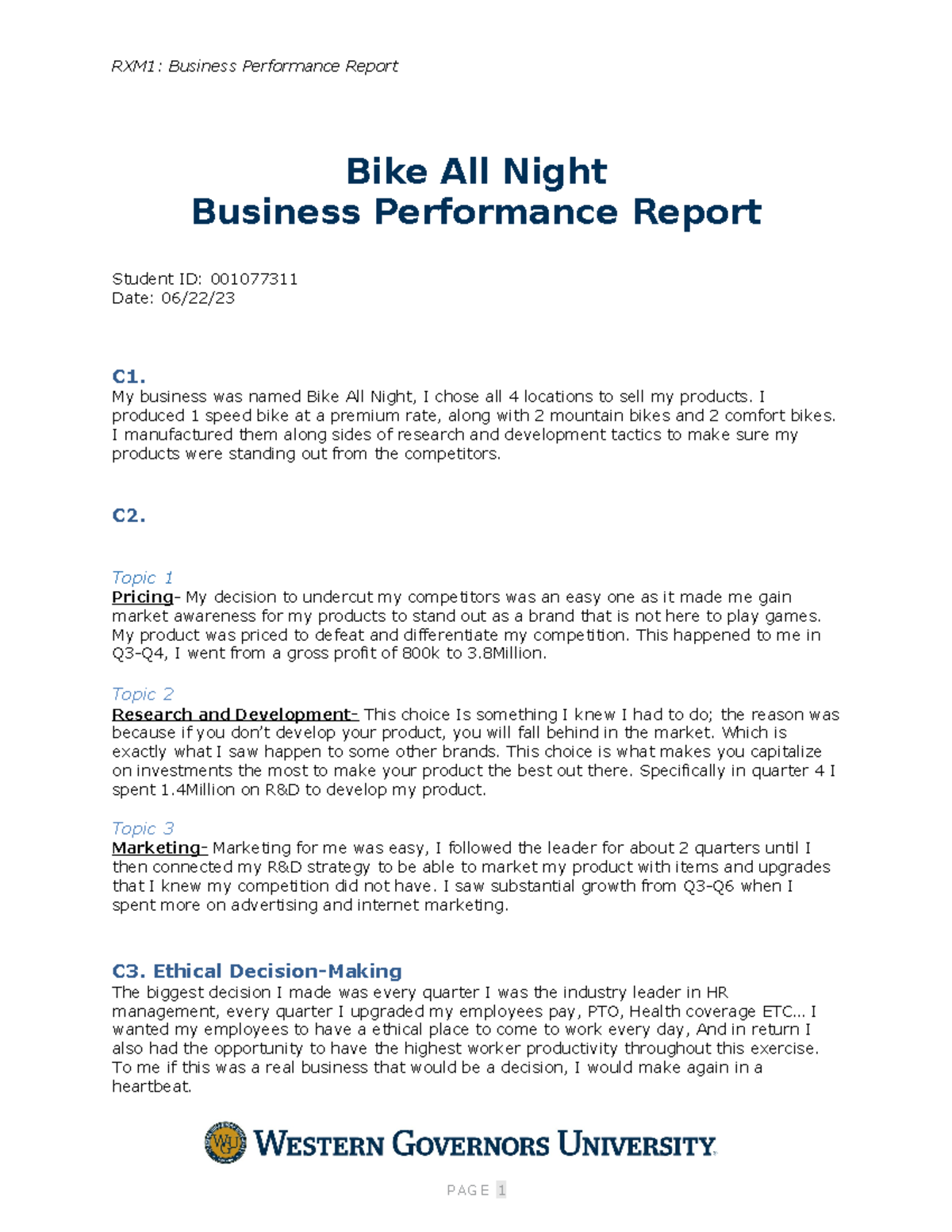 Business Performance Report Task 1 - RXM1: Business Performance Report ...