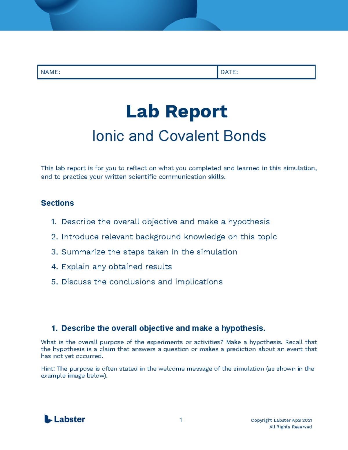 Lab Report Ionic and Covalent Bonds - NAME: DATE: Lab Report Ionic and Covalent Bonds This lab ...