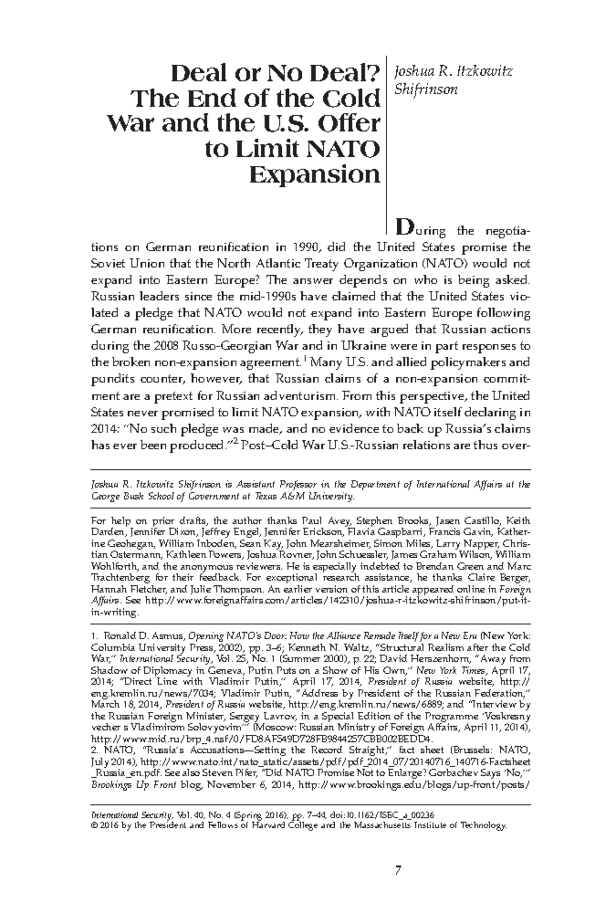 “Deal or No Deal The End of the Cold War and the US Offer to Limit NATO ...