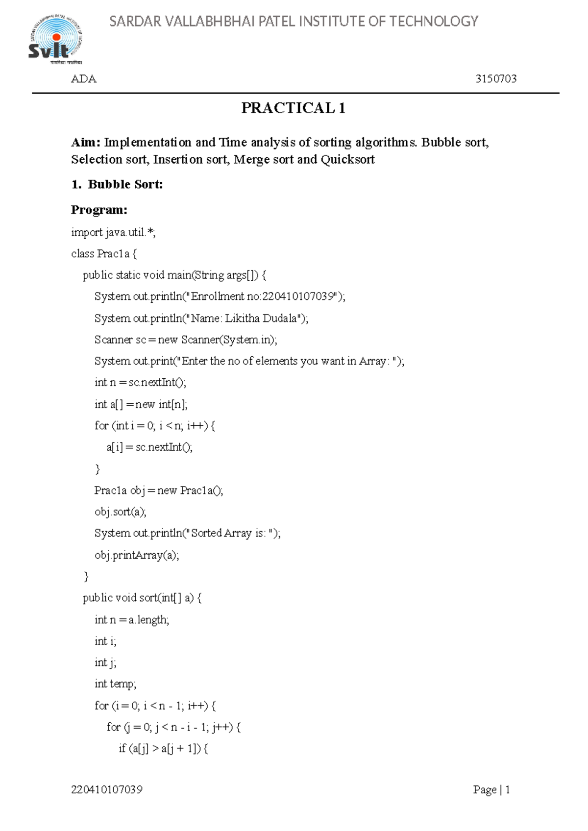 Ada phase 1 - analysis of algorithms - ADA 3150703 PRACTICAL 1 Aim: Implementation and Time ...