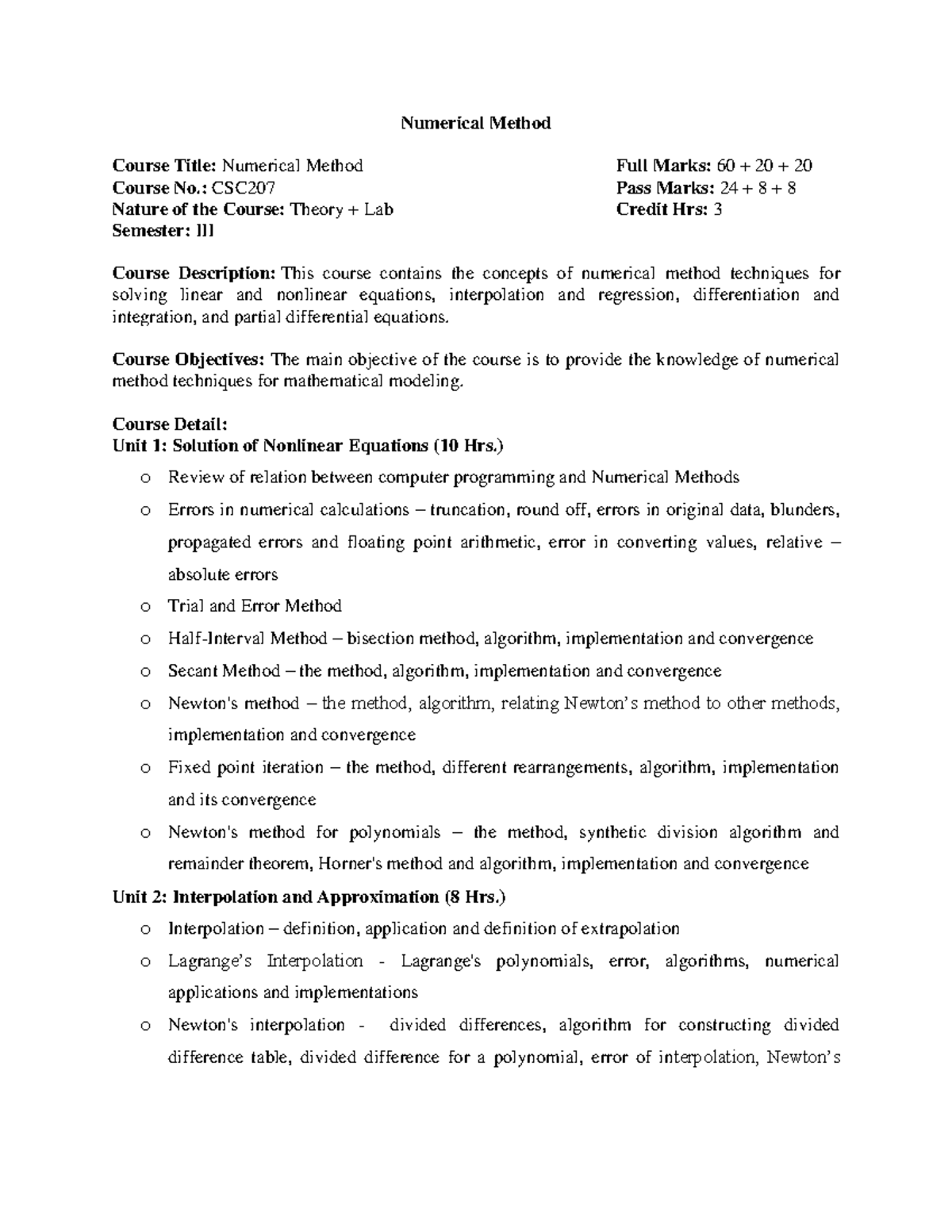 Numerical Method CSC207 - Numerical Method Course Title: Numerical ...