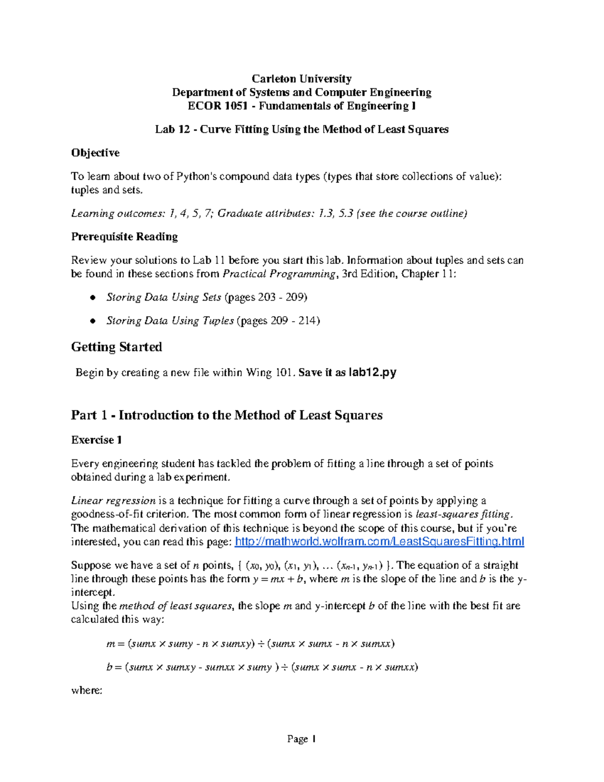 Lab12 - Lab 12 - Carleton University Department of Systems and Computer Engineering ECOR 1051 ...