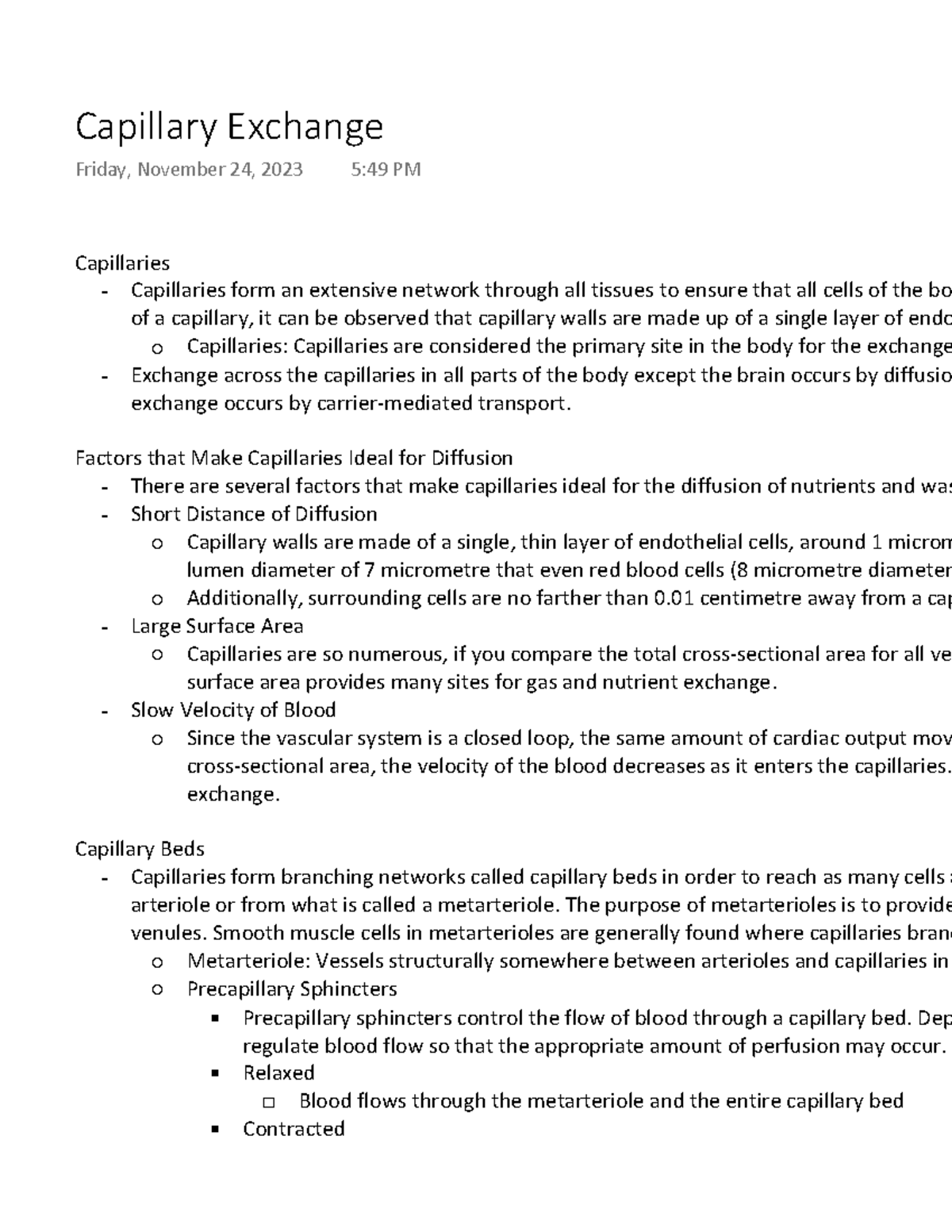 Capillary Exchange - Notes - Capillaries Capillaries form an extensive ...