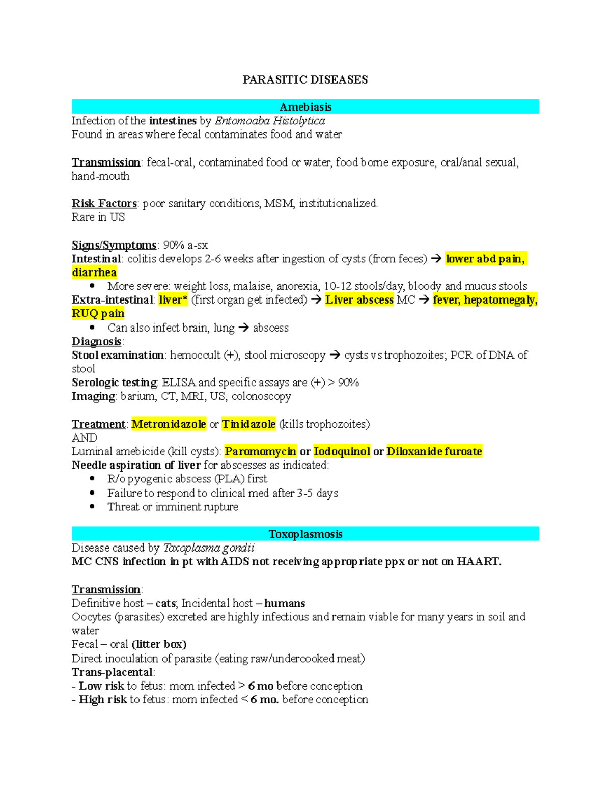 Medical Summary Parasitic Diseases - PARASITIC DISEASES Amebiasis ...