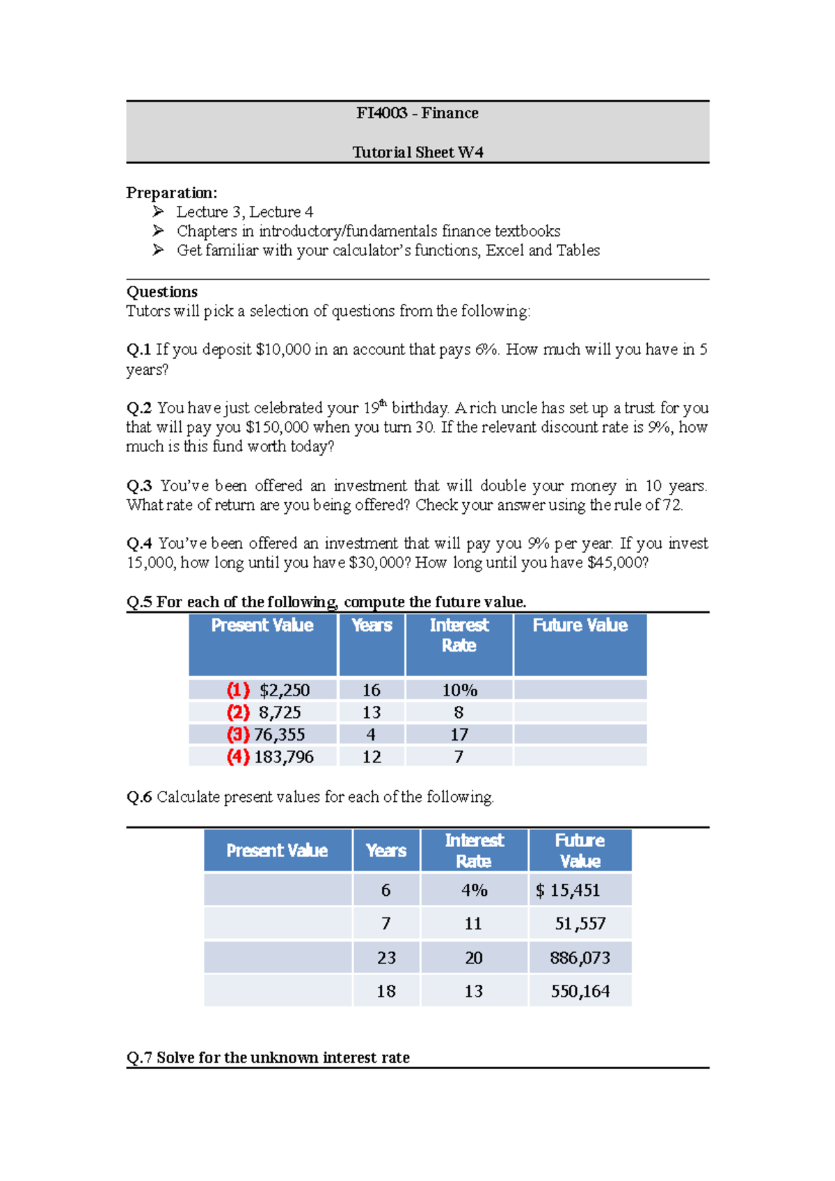 Tutorial+Questions+2+Week+4 - FI4003 - Finance Tutorial Sheet W ...