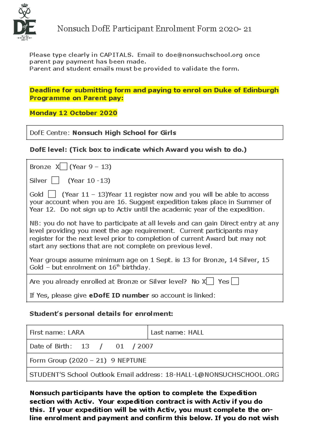 B - Dof E Enrolment Form 2020-21 - Nonsuch DofE Participant Enrolment ...