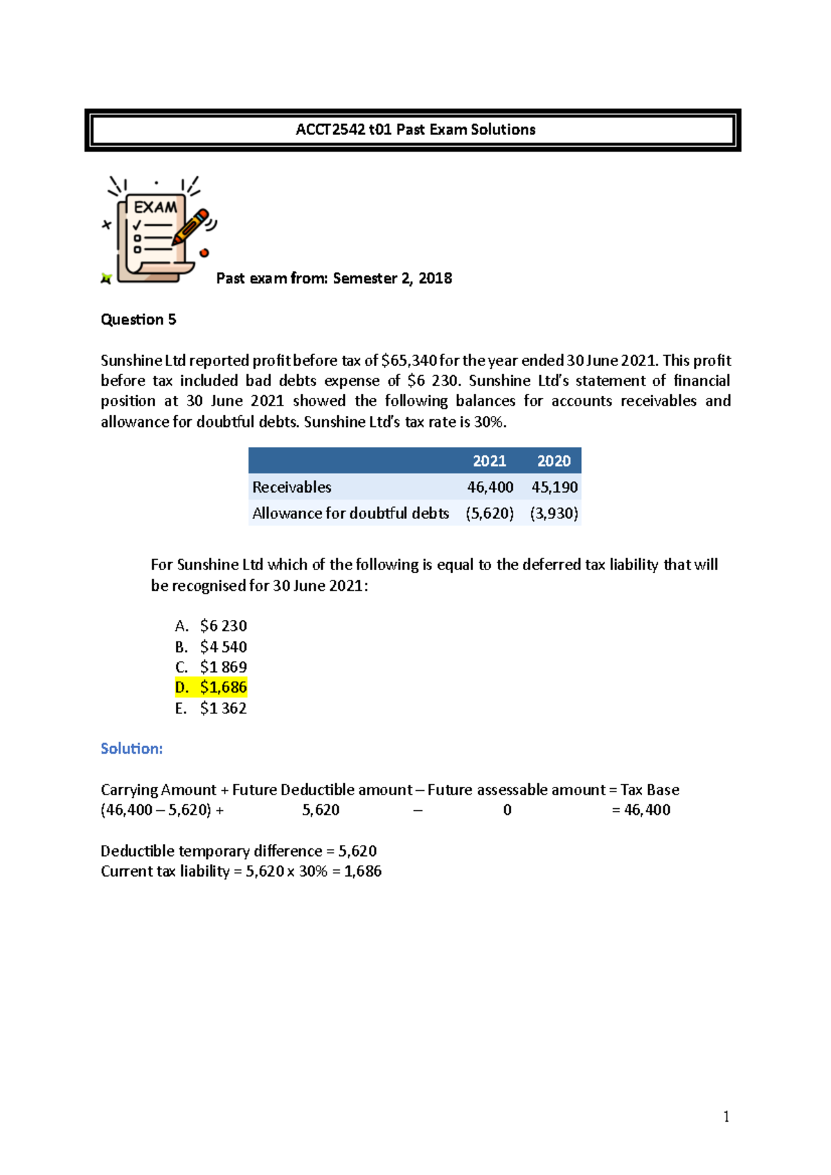 T01 Past Exam Solutions - ACCT2542 t01 Past Exam Solutions Past exam ...
