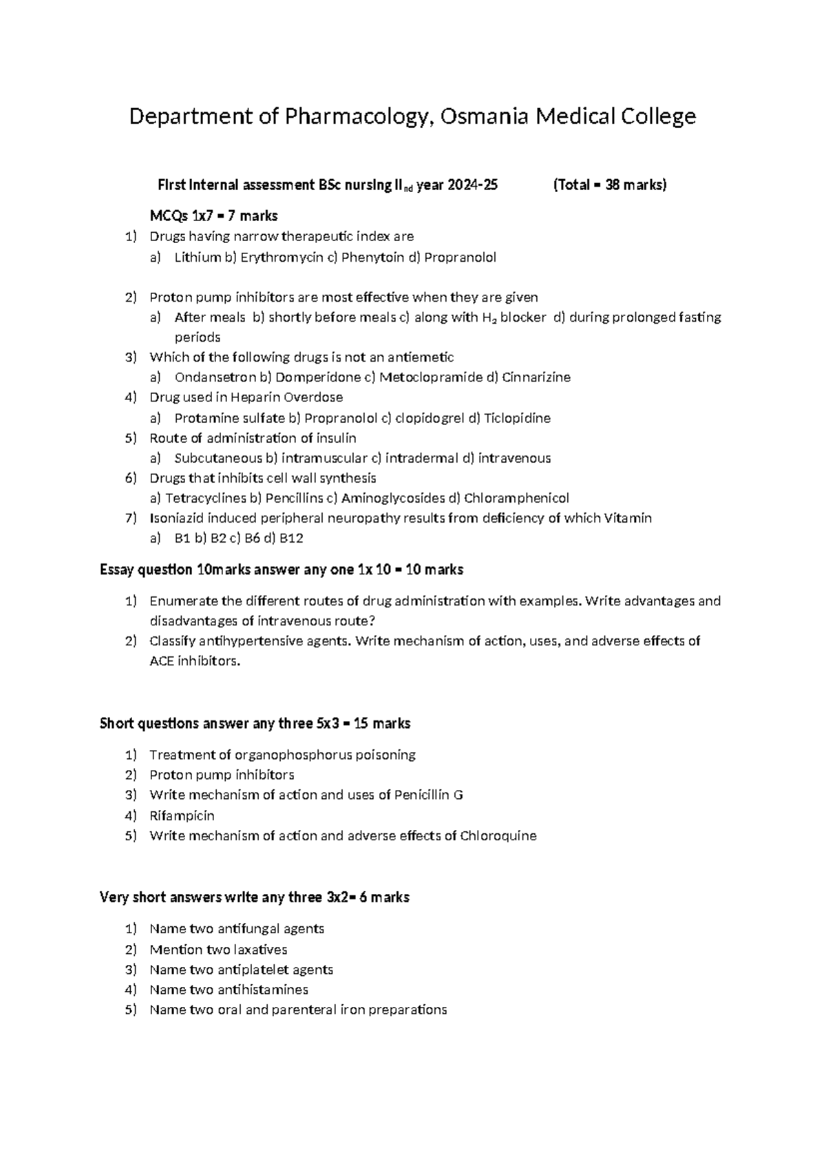 Department of Pharmacology BSC nursing first internal question paper ...
